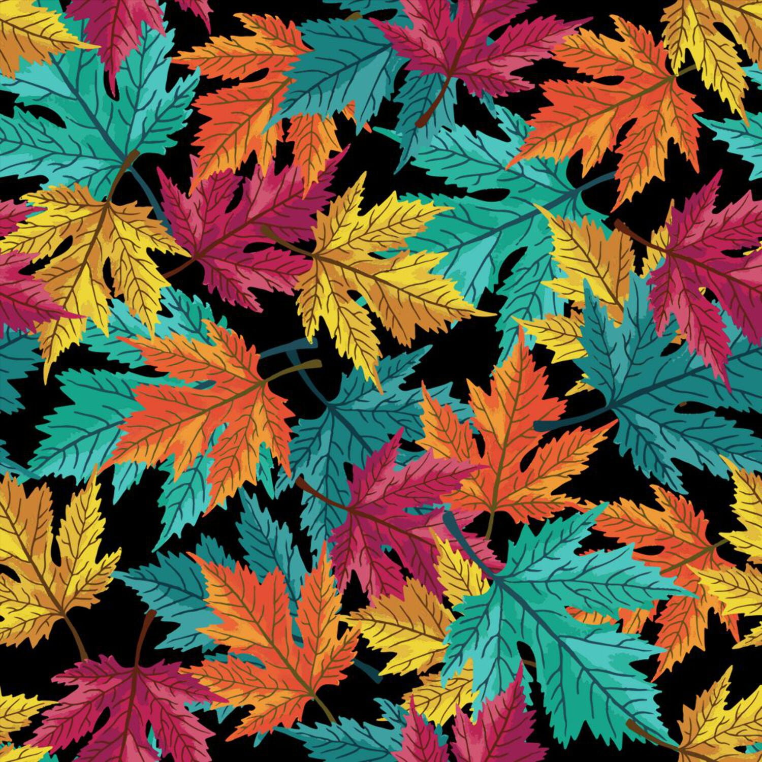 Fall Autumn Thanksgiving Teal and Orange Leaves on Black 100% Cotton ...