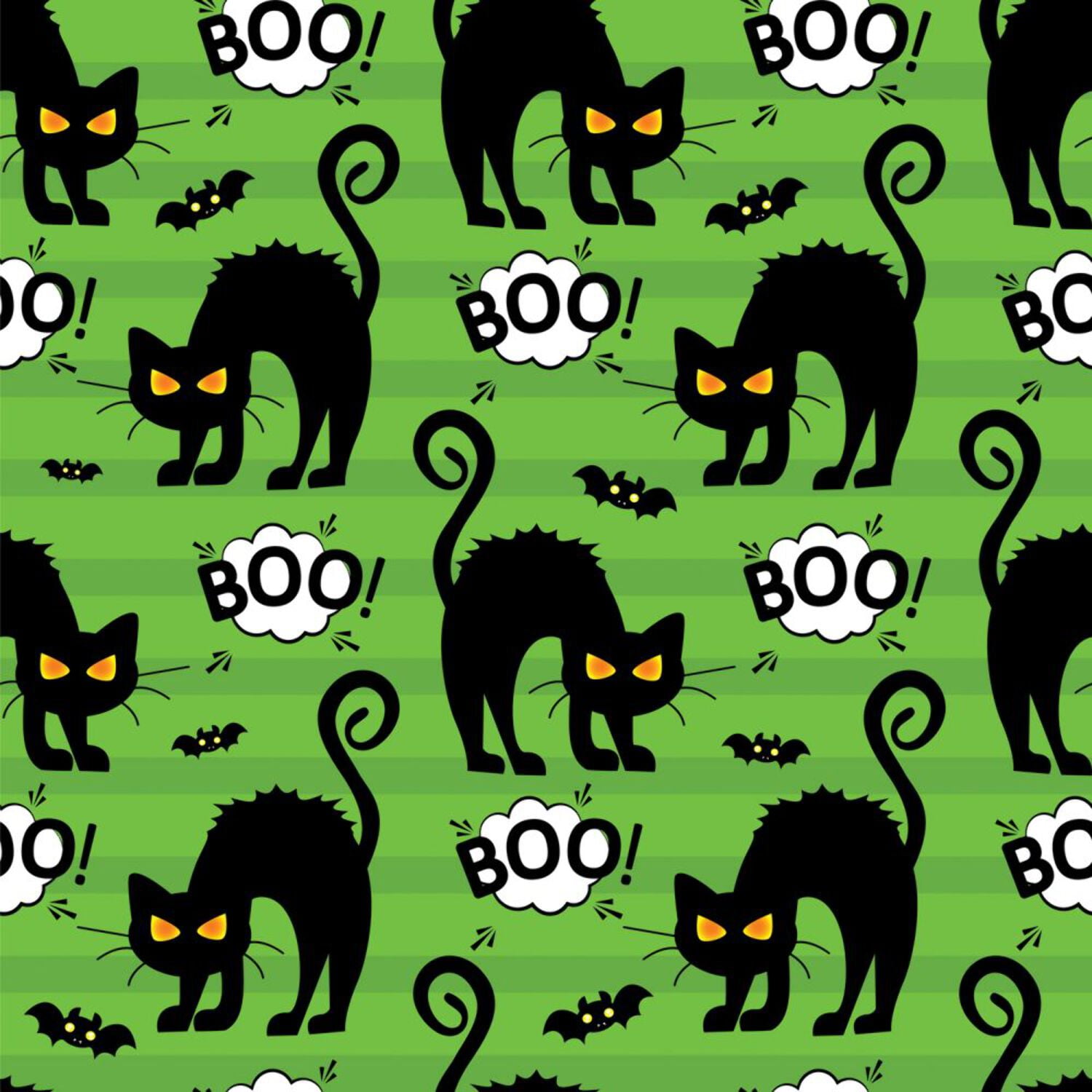 45 x 36 Halloween Black Cats BOO and Bats on Striped Green 100% Cotton ...