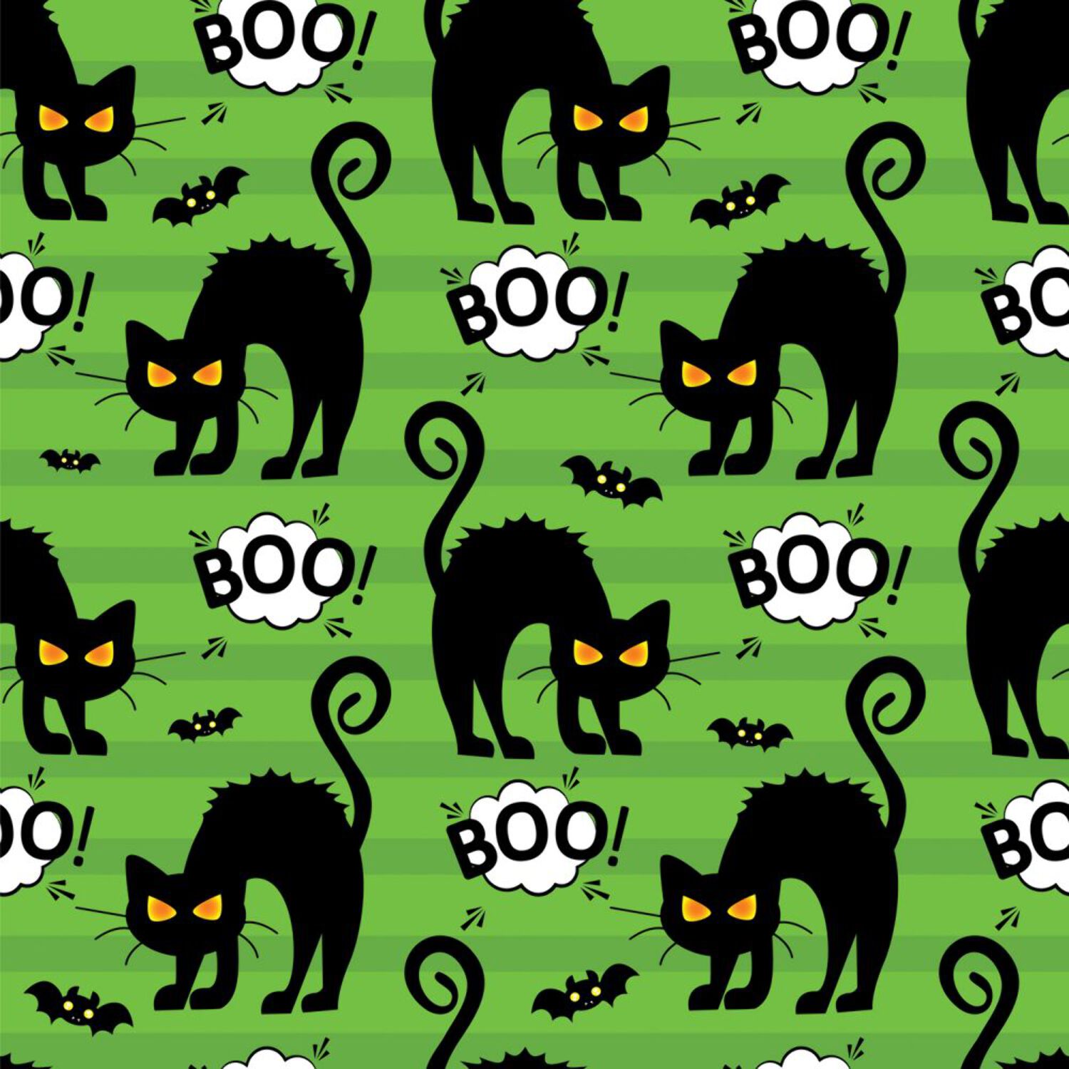 Halloween Black Cats BOO and Bats on Striped Green 100% Cotton Fabric ...
