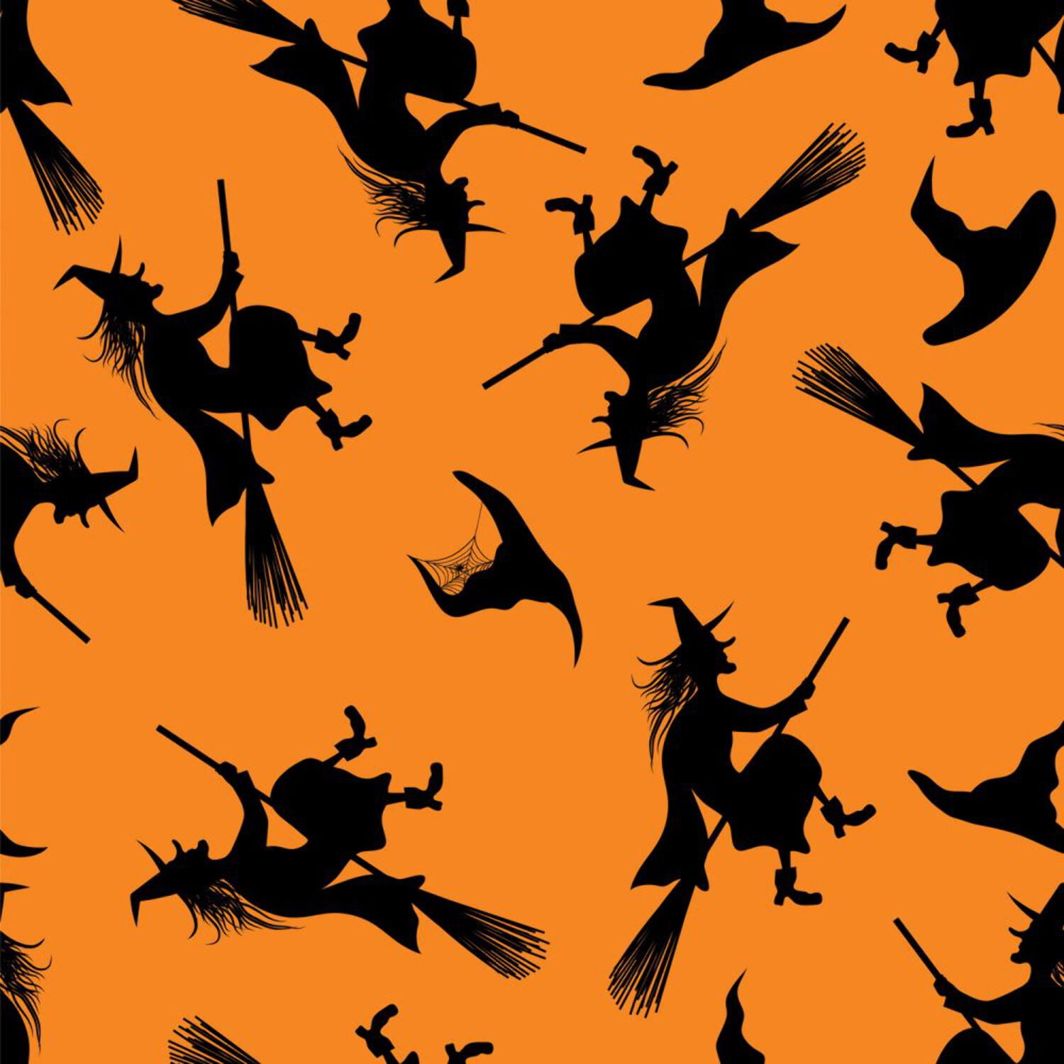 45 x 36 Halloween Flying Witches on Broomsticks on Orange 100% Cotton ...