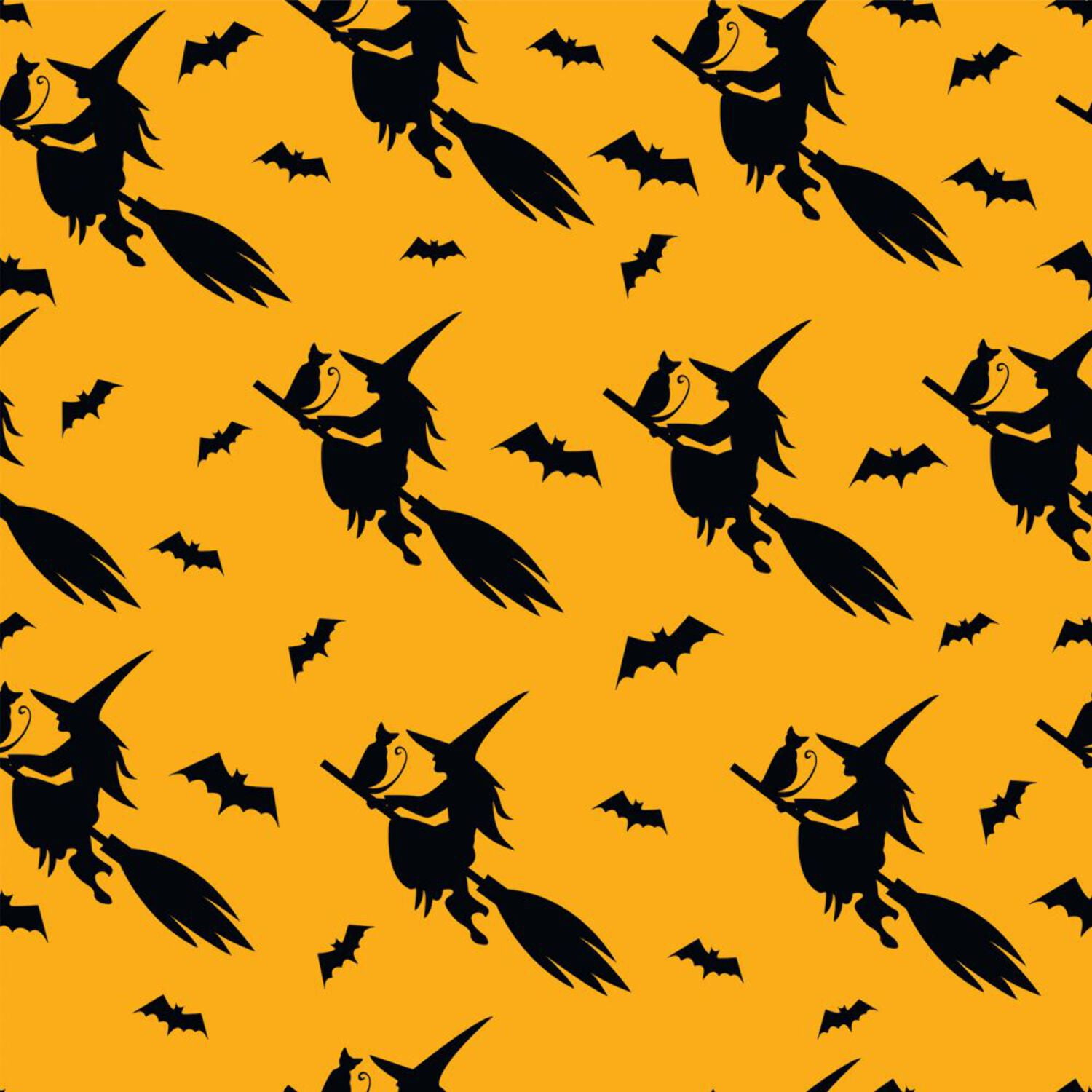 45 x 36 Halloween Flying Witches with Cats and Bats on Orange Gold 100% ...