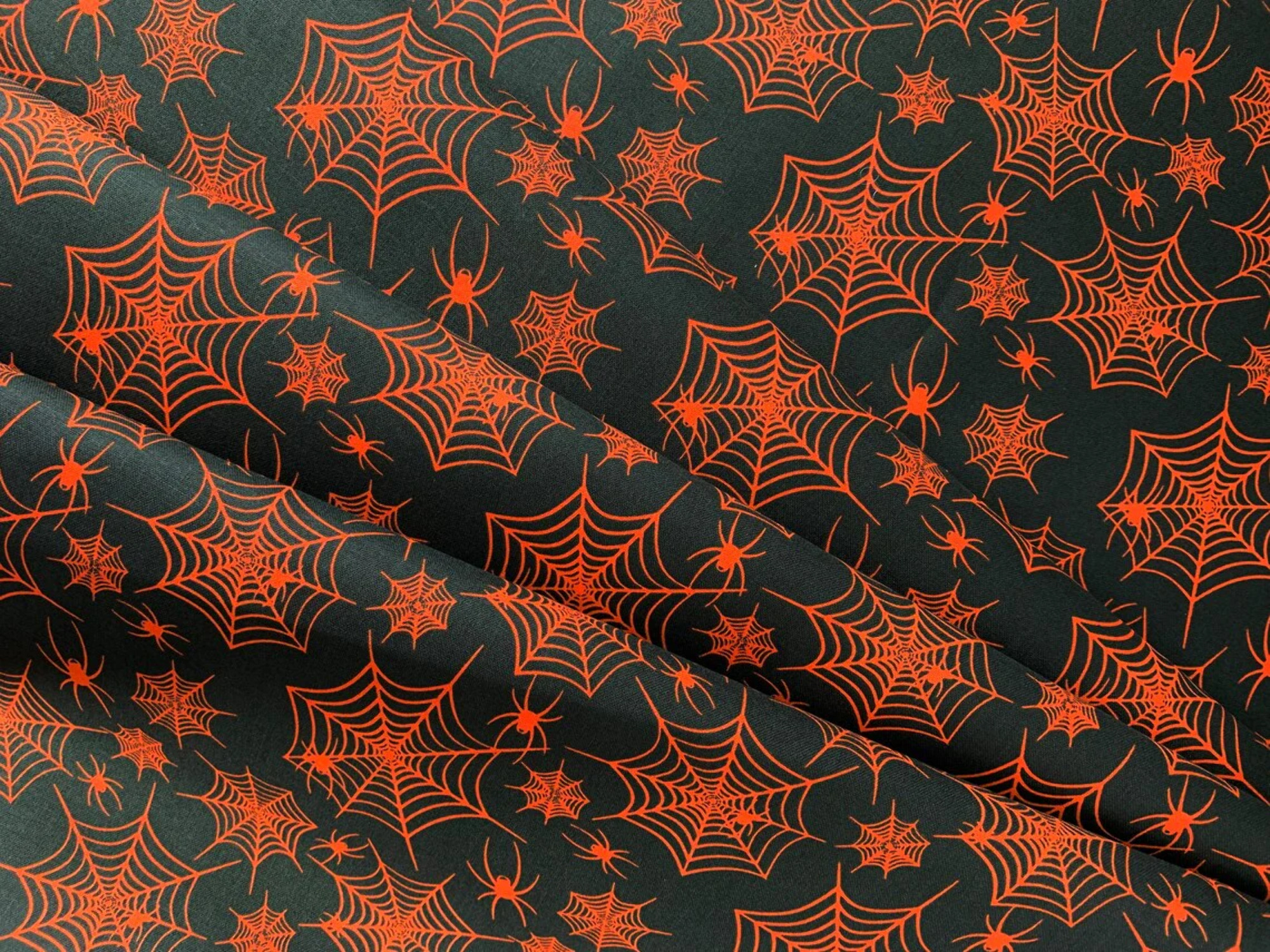 45 x 36 Halloween Orange Spiderwebs and Spiders on Black 100% Cotton ...