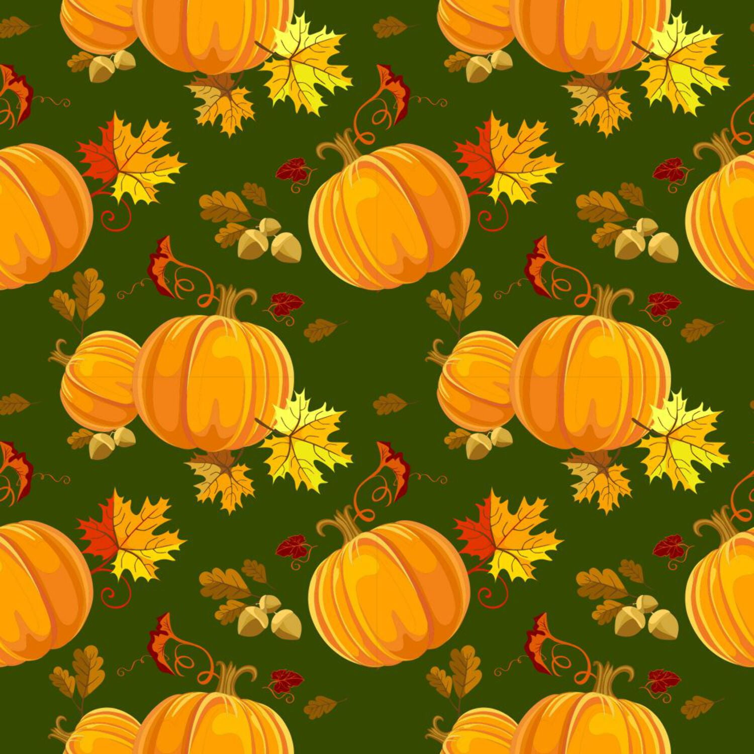 Fall Autumn Thanksgiving Pumpkins and Leaves on Dark Green 100% Cotton ...