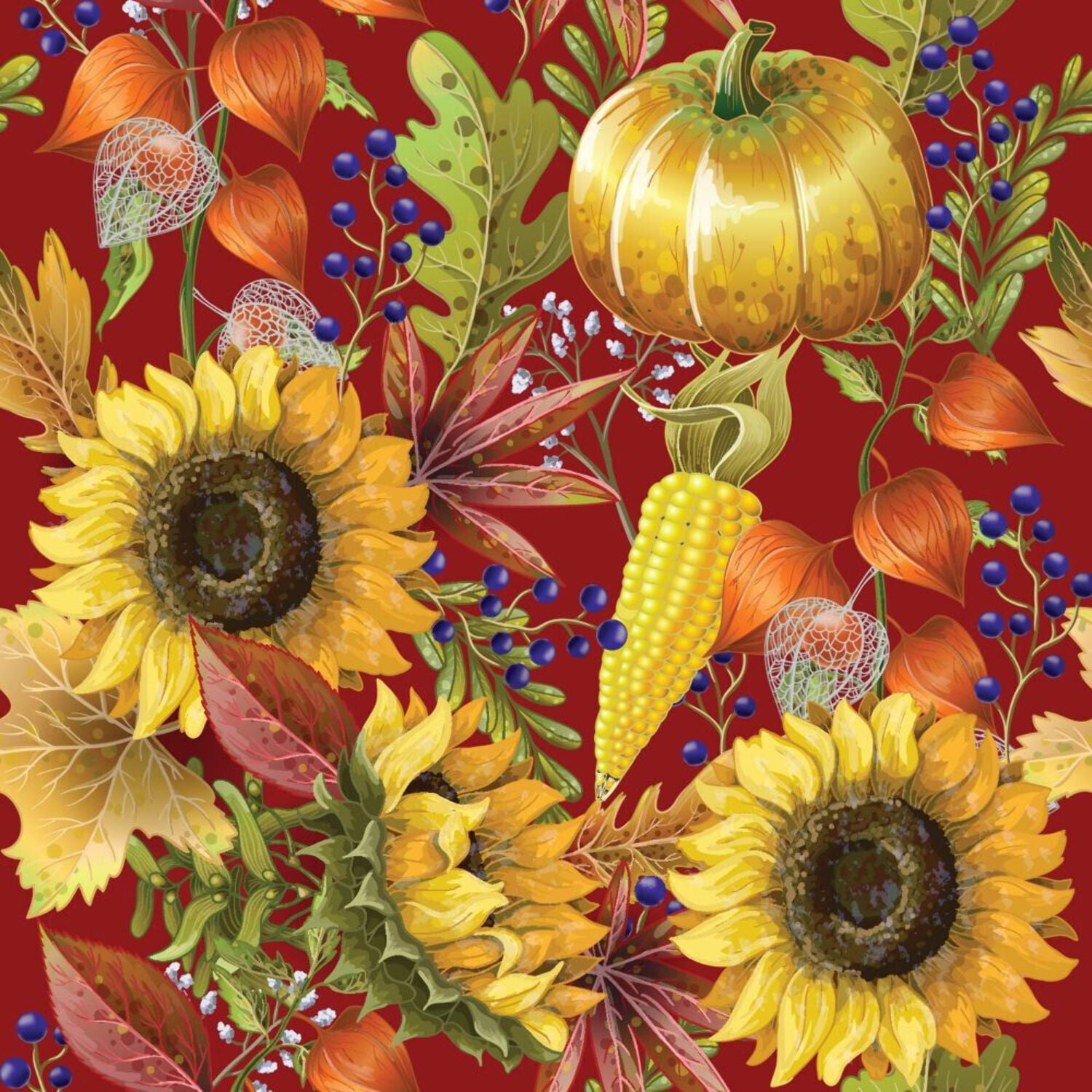 45x36 Thanksgiving 100% Cotton Fabric, Pumpkins & Sunflowers, Fall ...
