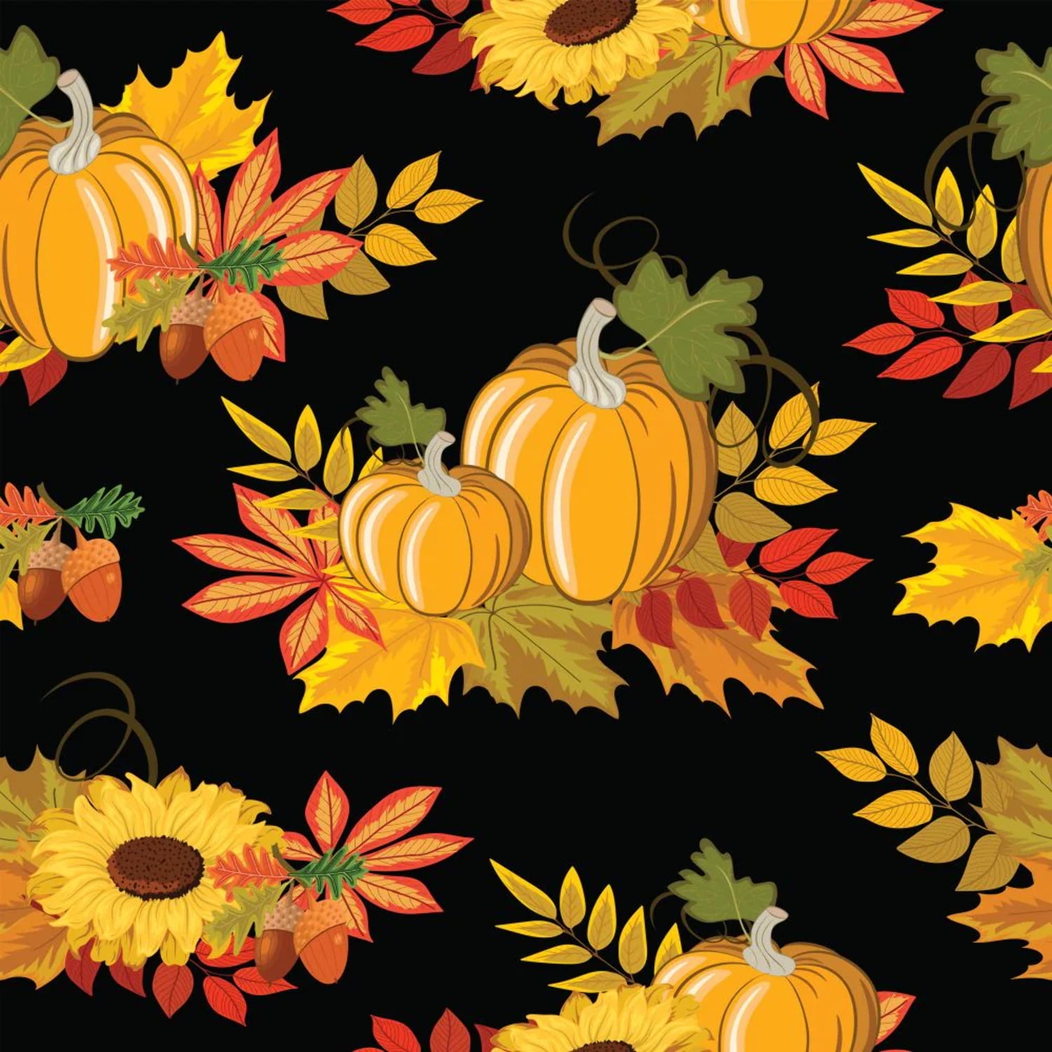 45 x 36 Pumpkins and Sunflowers on black 100% Cotton Fall Autumn ...
