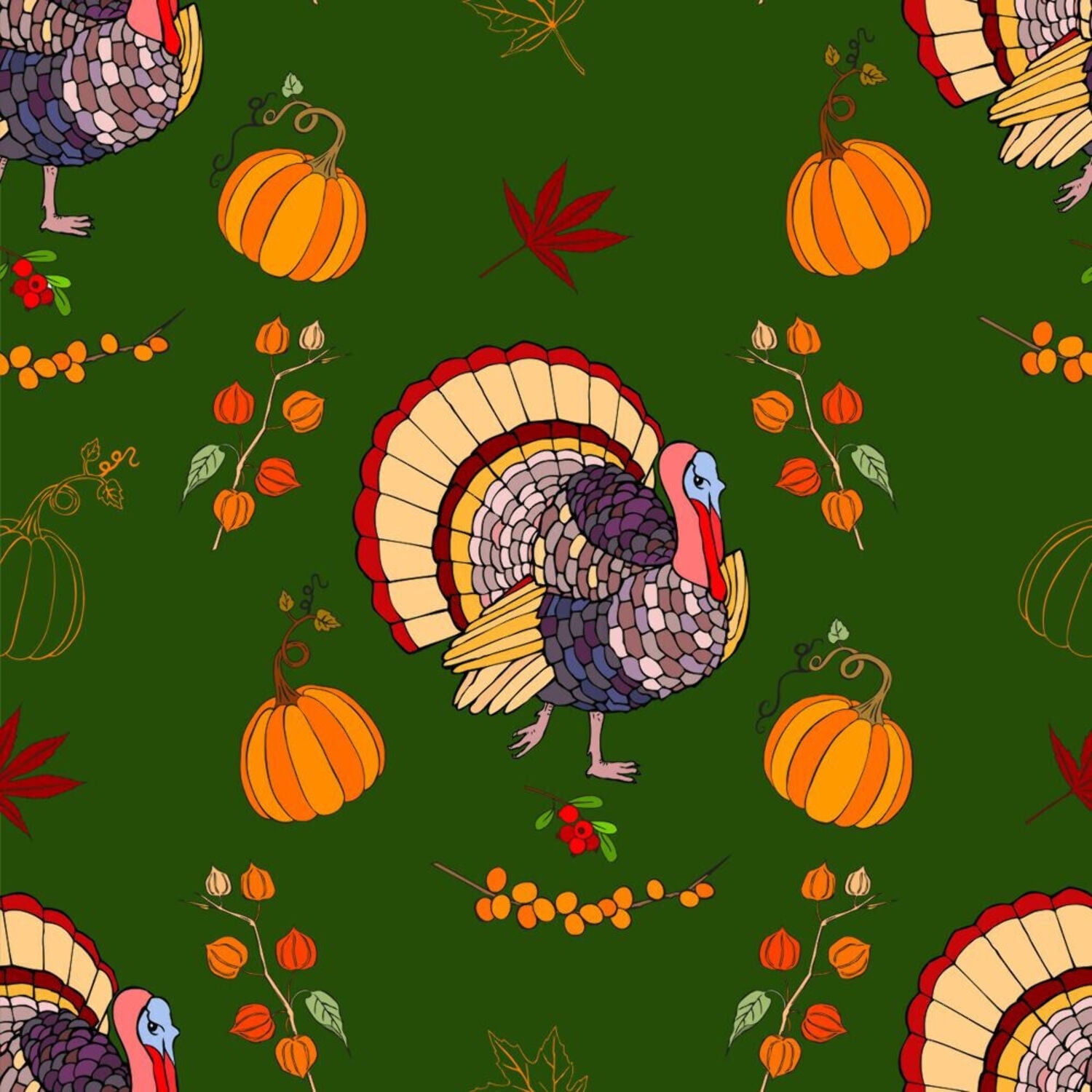 Fall Autumn Thanksgiving Turkey and Pumpkins on Green 100% Cotton ...