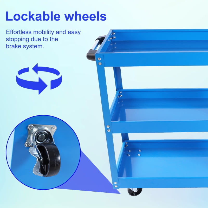450 LBS Blue Rolling Mechanic Tool Cart - 3 Tier, Heavy Duty Steel, Lockable Wheels, A Must ...