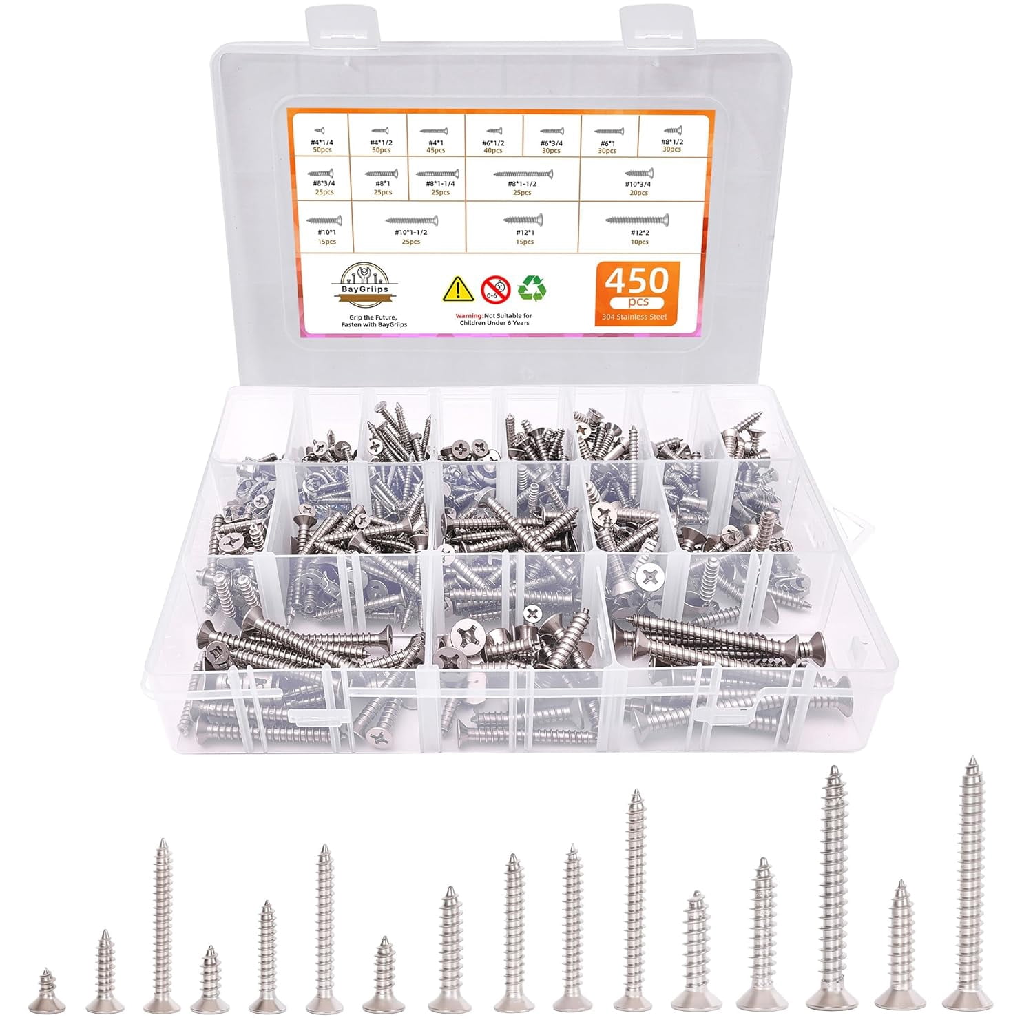 450-Piece Stainless Steel Wood & Sheet Metal Screw Assortment – #4 to ...