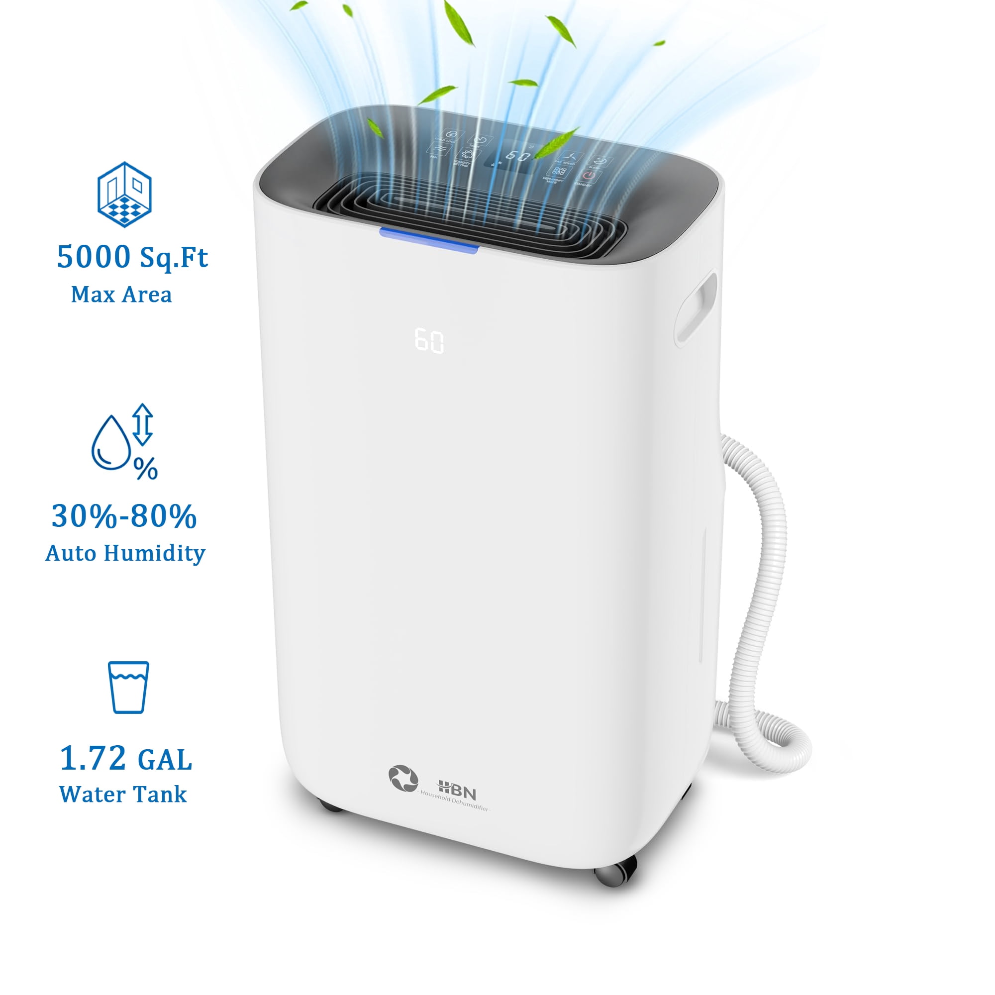 HBN Max 80 Pint Smart Dehumidifier, 4500 Sq.ft, Drain Hose Included ...