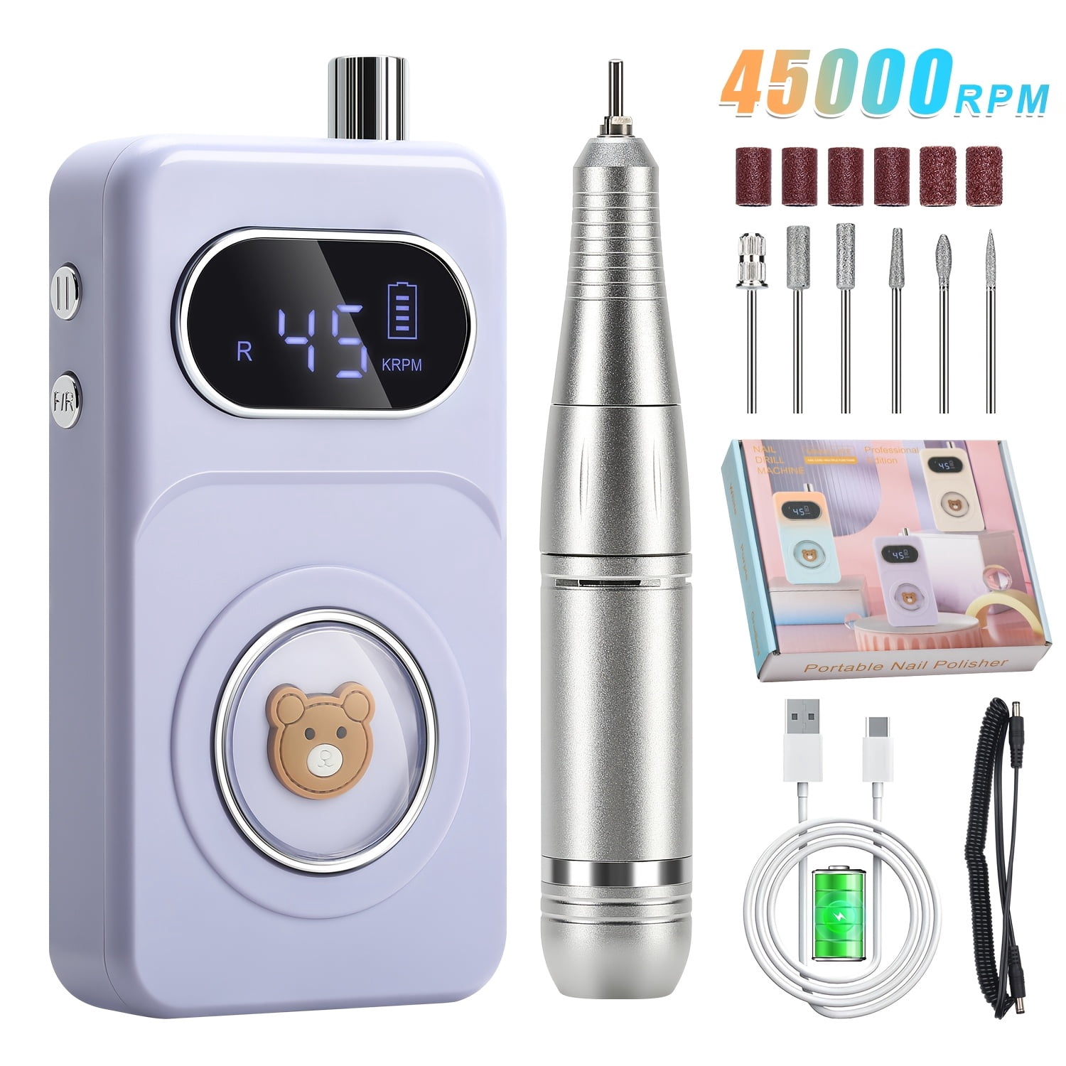 45000 RPM Cordless Nail Drill LCD Display Cute Bear Design for Nail ...