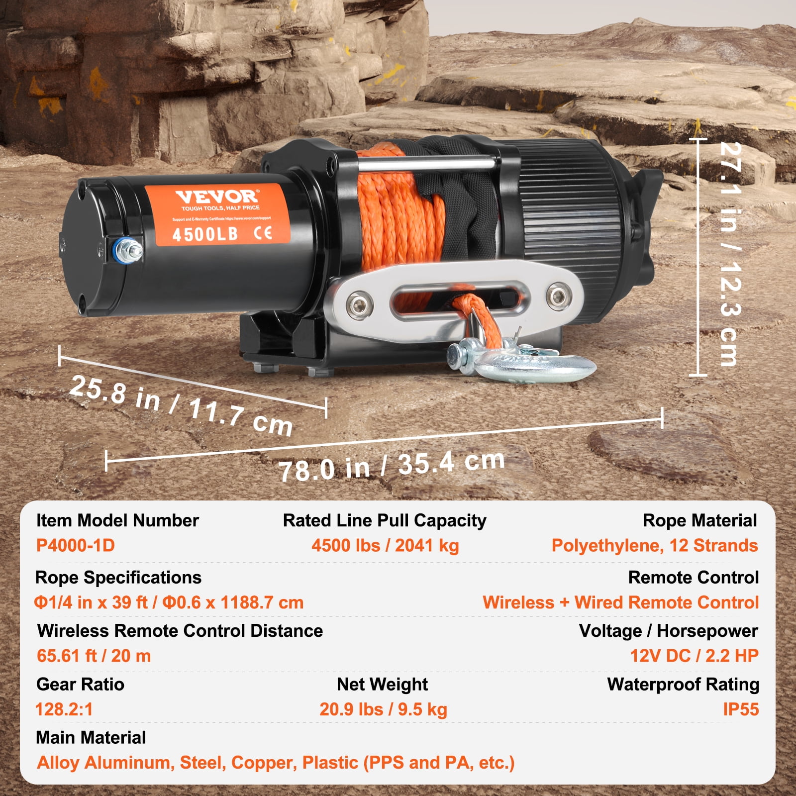 4500lbs ATV/UTV Electric Winch 12V with 39ft Synthetic Rope Wireless ...