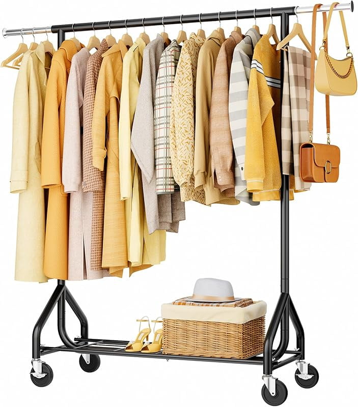 450LBS Capacity Metal Clothes Rack，Rolling Clothing Rack with Wheels ...