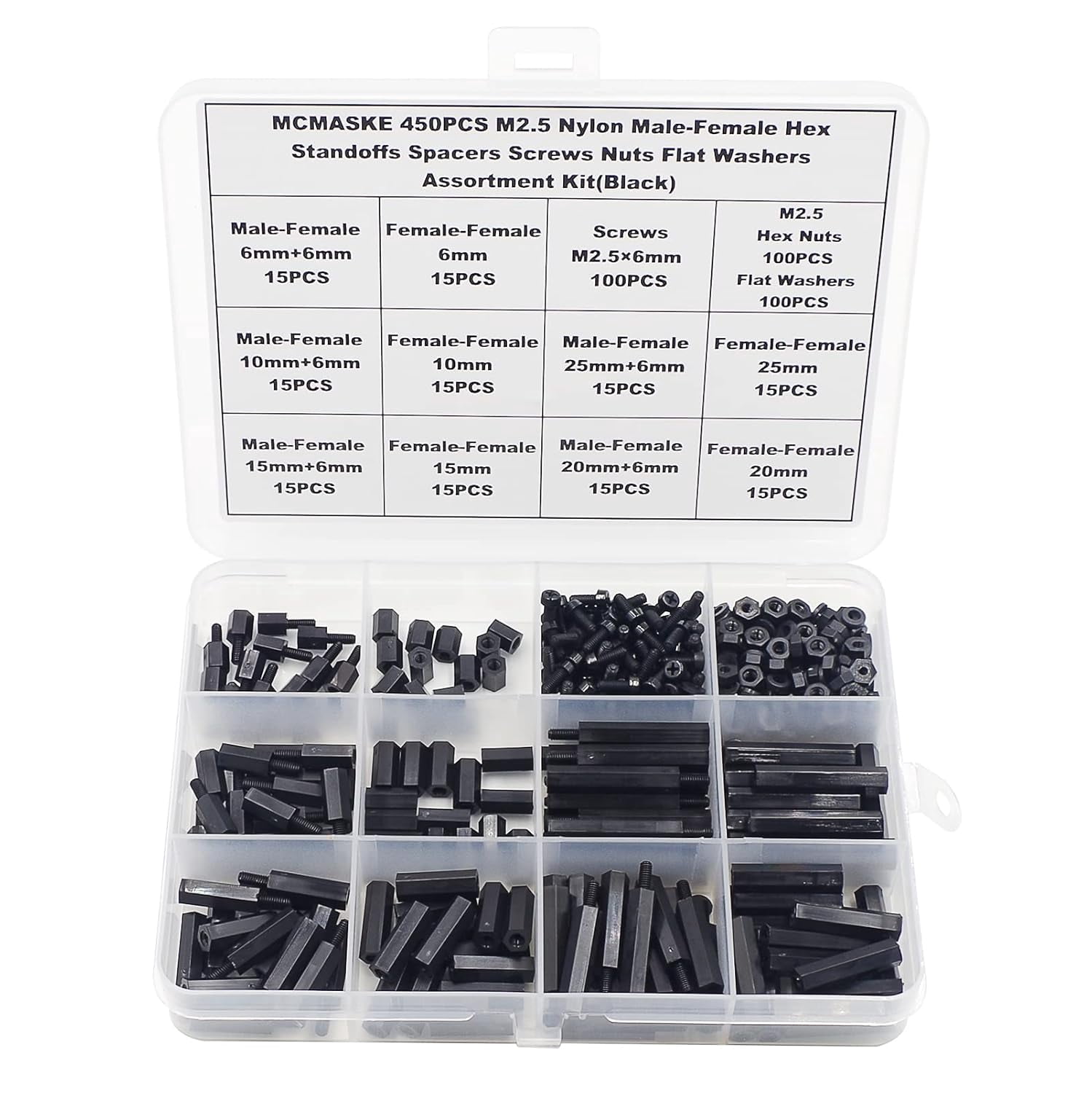 450PCS M2.5 Nylon Male-Female Hex Standoffs Spacers Screws Nuts Flat ...