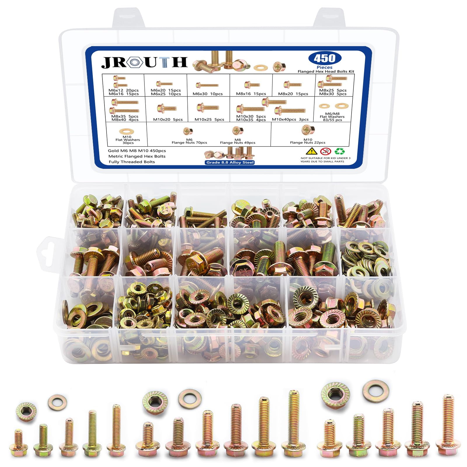 450PCS M6 M8 M10 Flange Hex Head Bolts Nuts Washers Kit, Class 8.8 ...