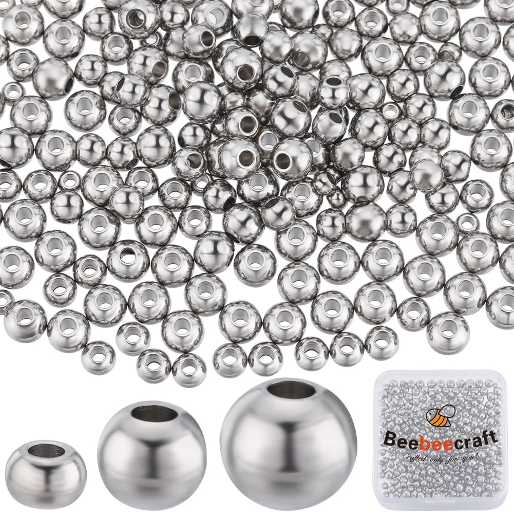 450Pcs 3 Style 304 Stainless Steel Round Beads Stainless Steel Color 3 ...