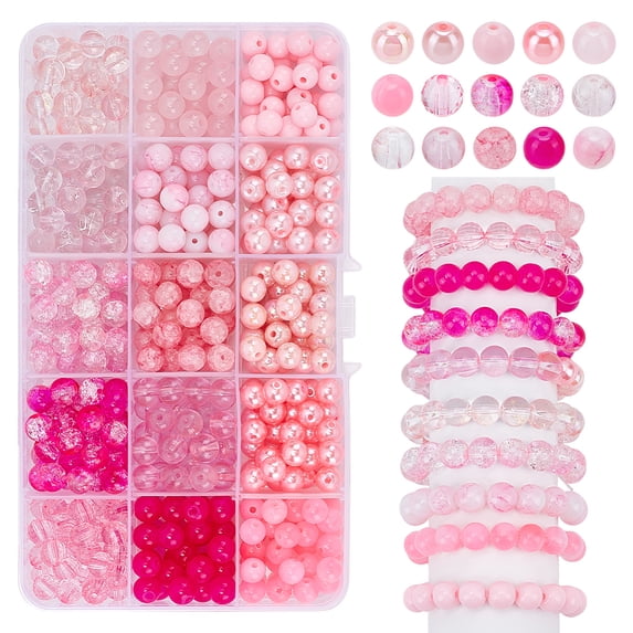 450Pcs 8mm Pink Beads Kit for DIY Jewelry Making Including Round Glass ...
