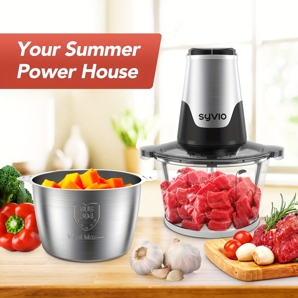 450W Food Processor & Meat Grinder - 2 Bowls, 4 Blades, 3300 RPM Motor ...