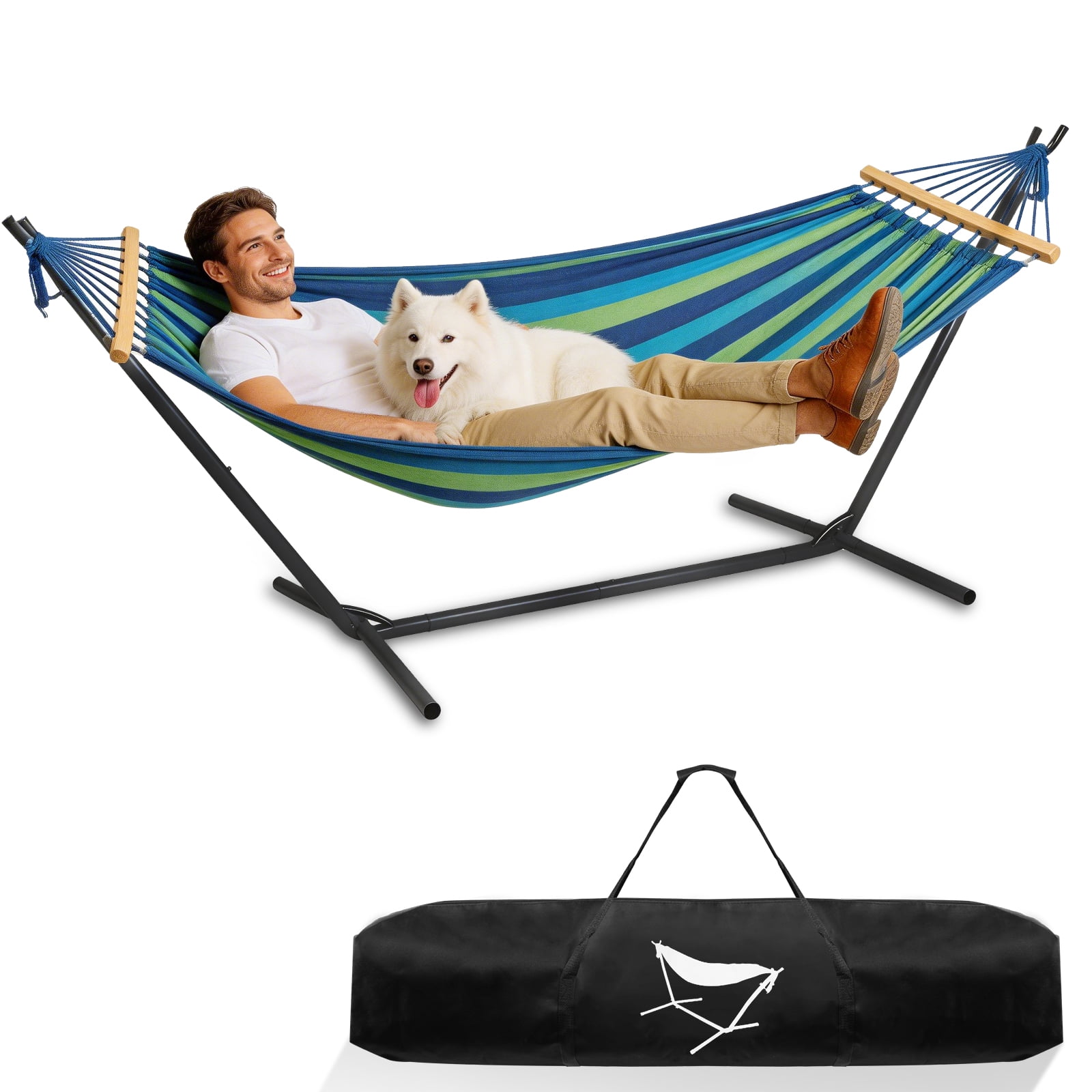 450lb Capacity Double Hammock with Stand and Carry Bag Brazilian Style ...