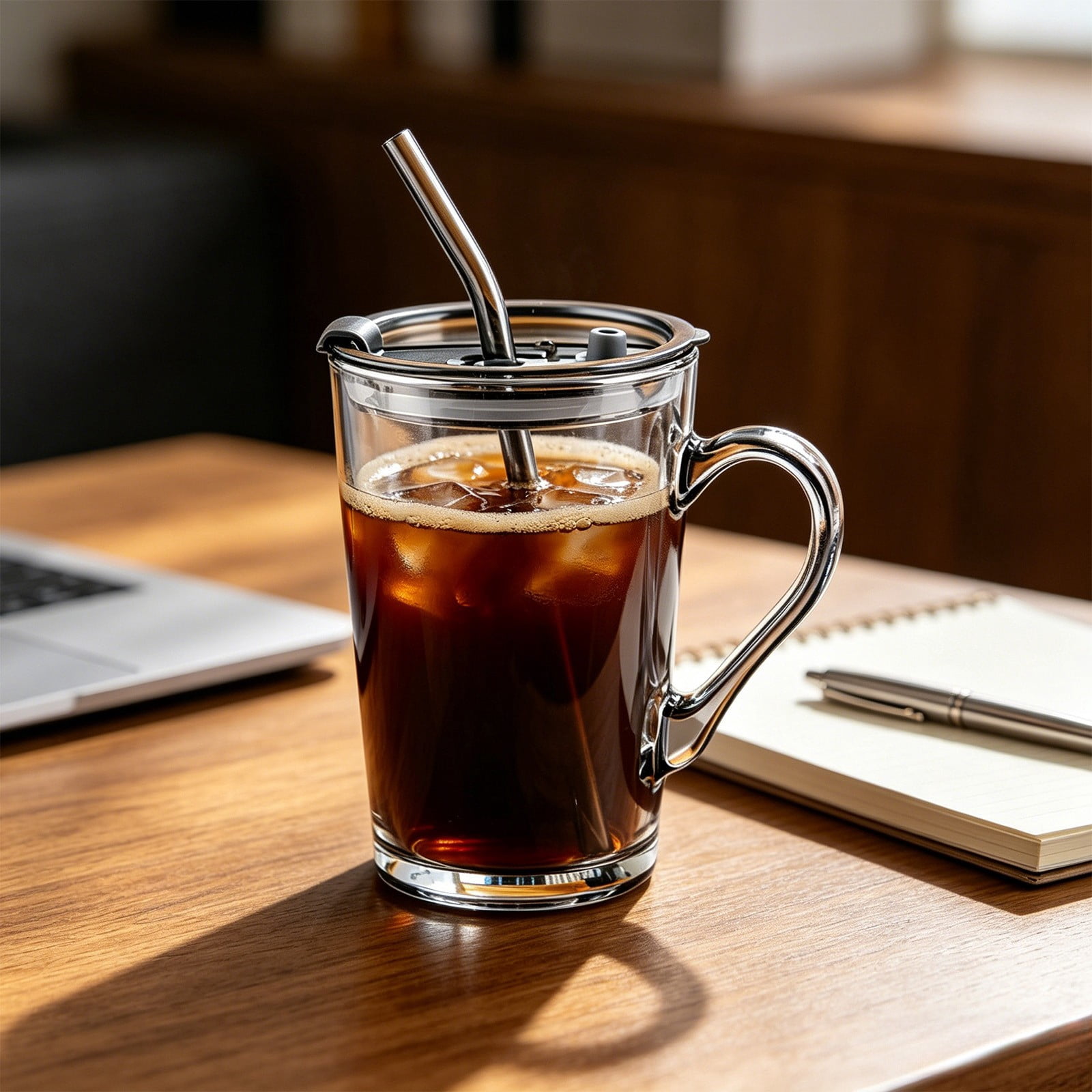 450ml/15oz Glass Water Cup With Handle Cup Lid Glass Straw Beverage Cup ...