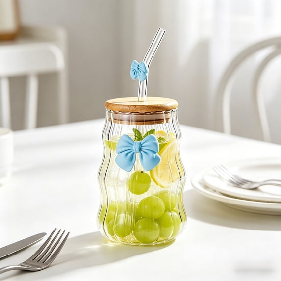 450ml Glass Water Cup with Lid and Straw, Butterflys Decorated Beverage ...