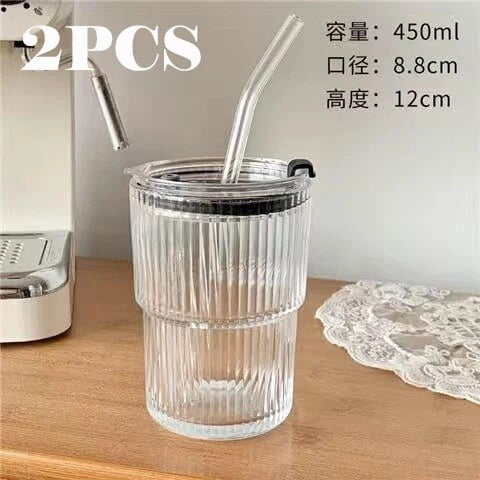 450ml Simple Stripe Coffee Glass Cup With Lid and Straw Transparent ...