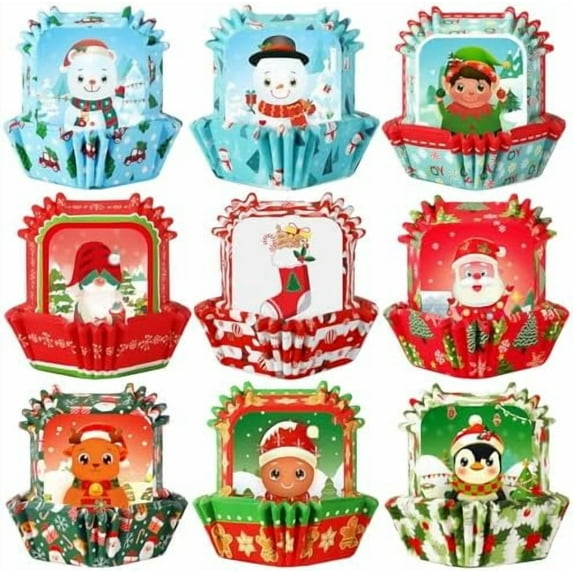 450pcs Christmas Square Cupcake Liners, Santa Claus Snowman Christmas ...