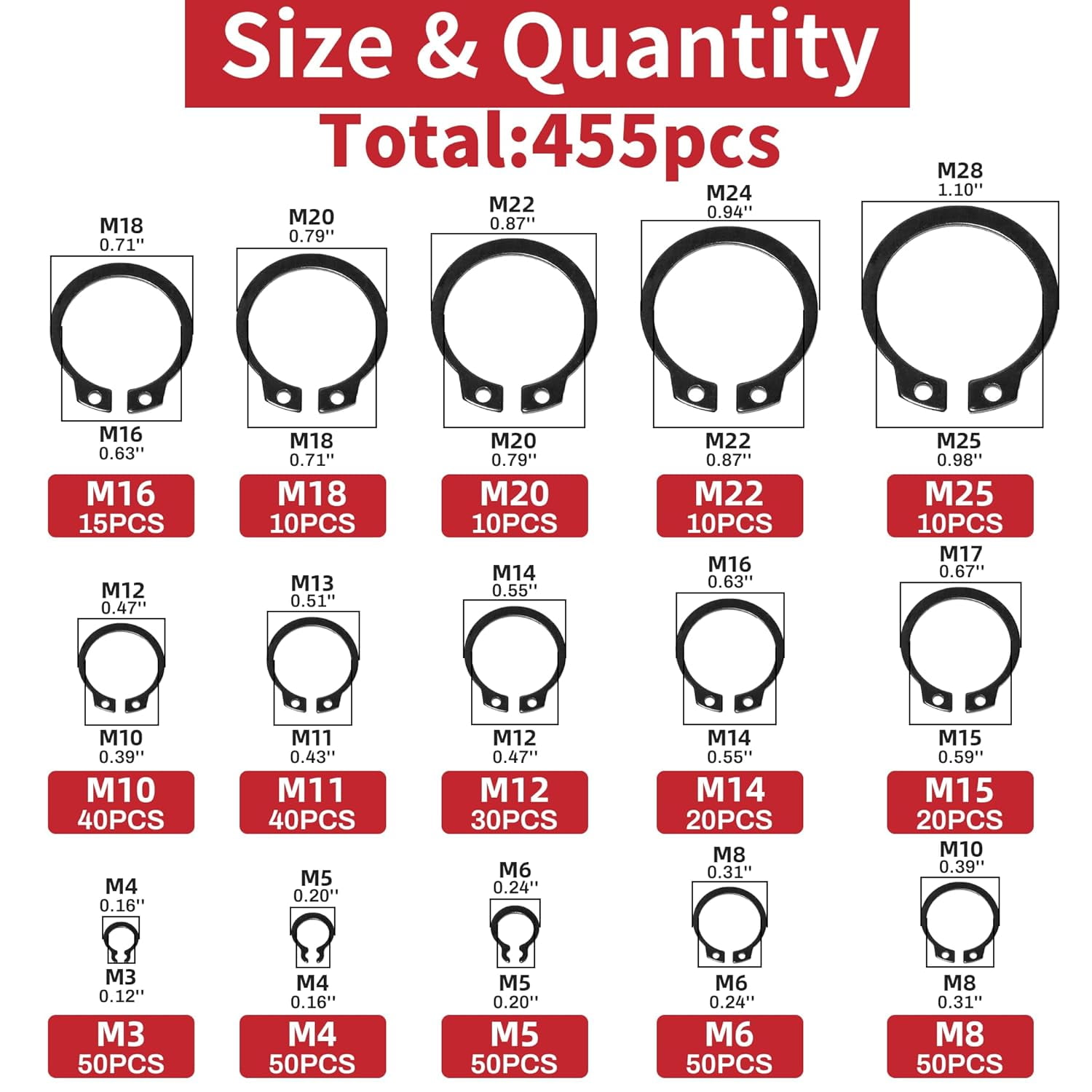 455Pcs External Retaining Rings Snap Rings Assortment Kit, External C ...