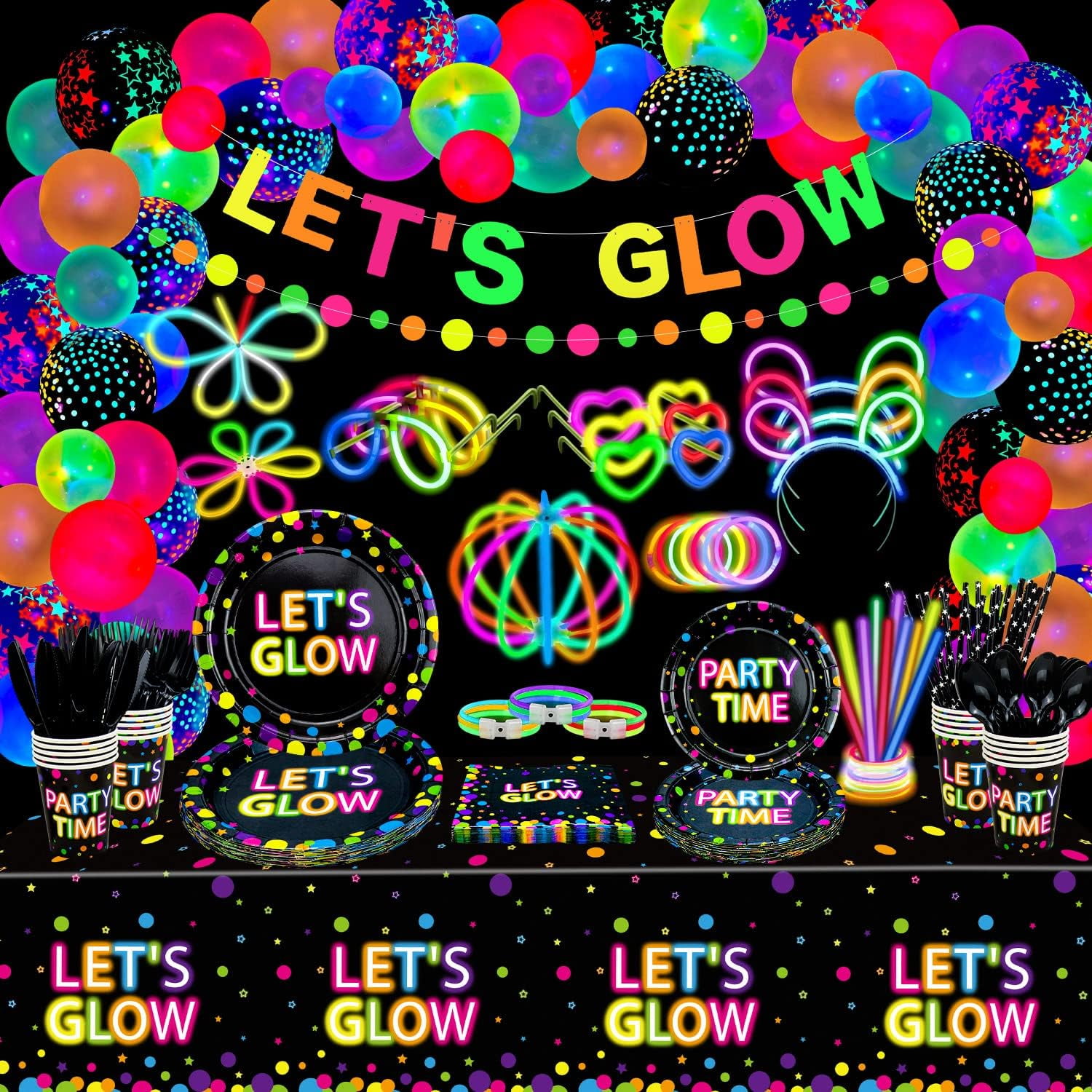 458 Pcs Glow Party Supplies - Include Balloons, Banner, Glow Sticks ...