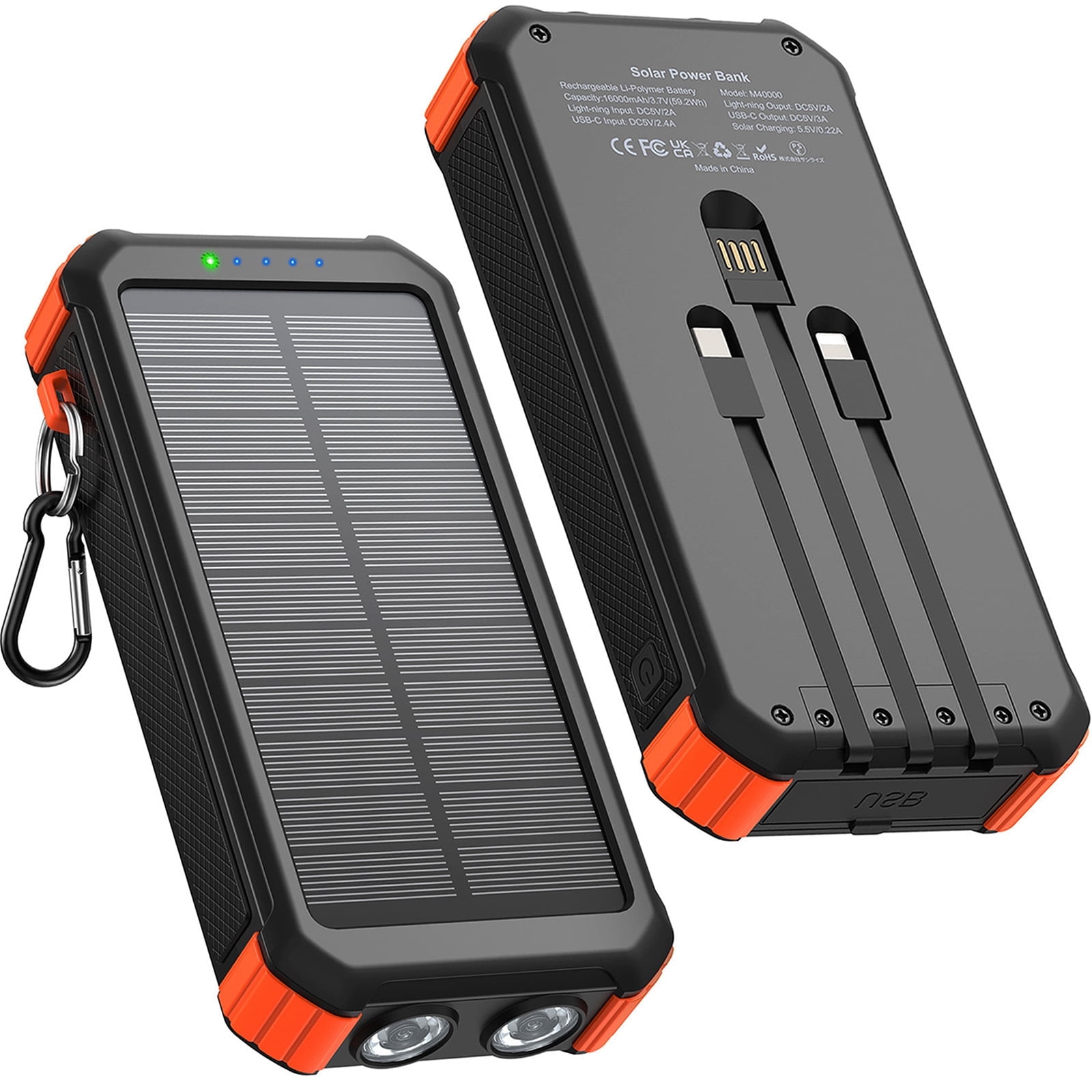 45800mAh Solar Charger Power Bank 15W Fast Charging USB Battery Pack with 3 Cables Solar Phone Charger Compatible for iPhone Android