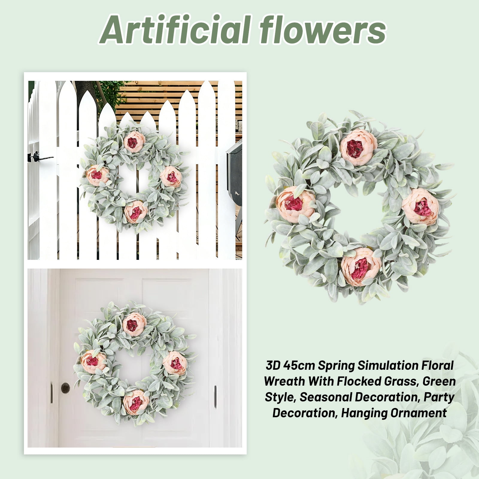 45Cm Spring Simulation Floral Wreath, With Flocked Grass Green Leaves ...