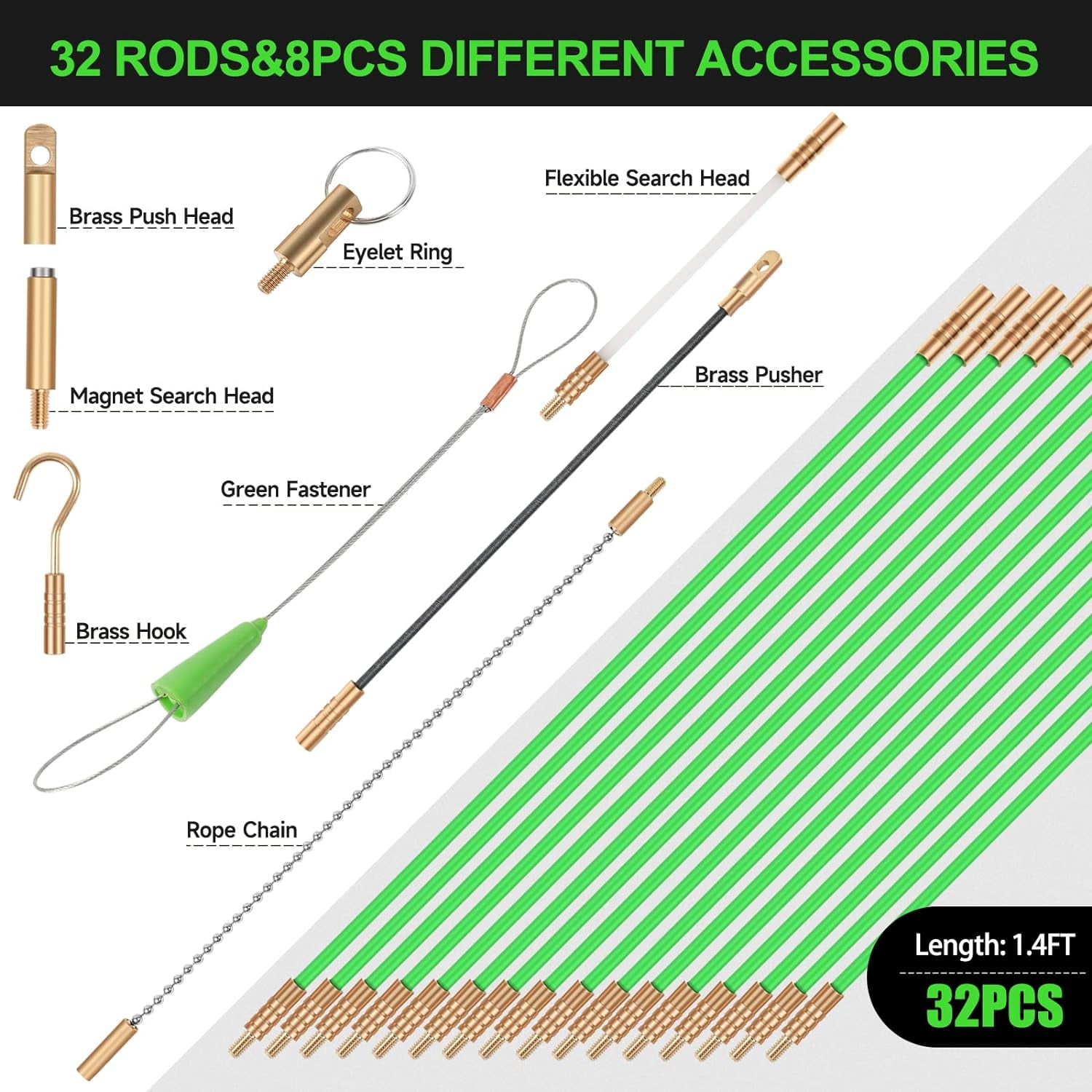 45FT Fiberglass Electrical Wire Fish Tape Kit with 8 Attachments and ...