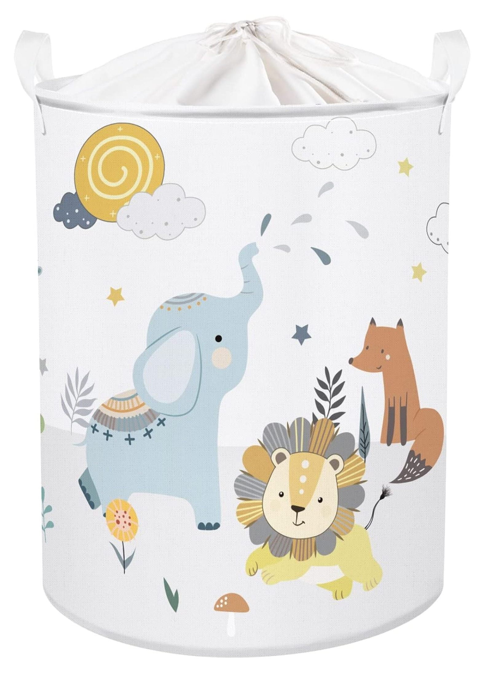 45L Cartoon Animals Elephant White Kids Laundry Hamper Clouds Round Toy ...