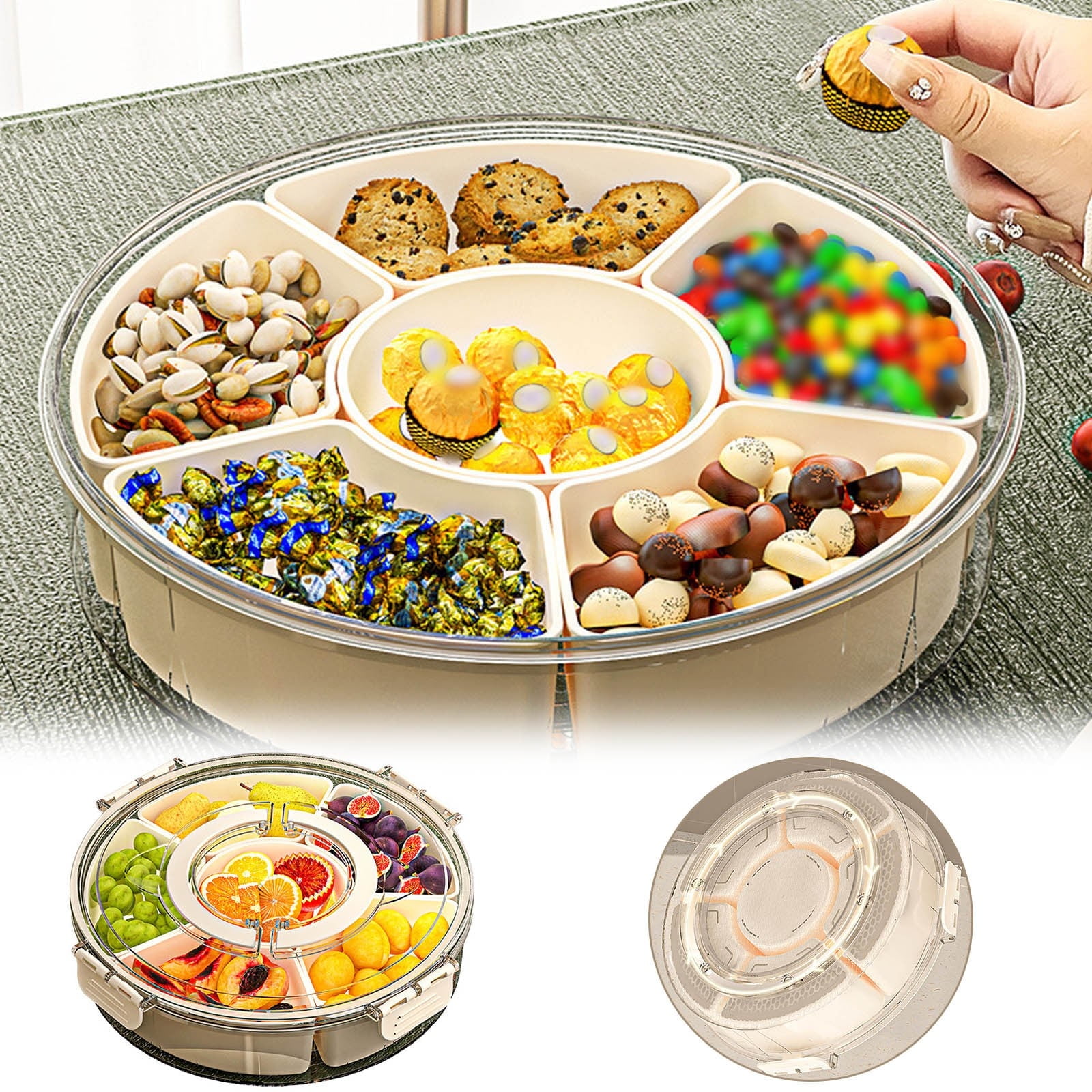 45L Sealed Rotating Vegetable Fruit Tray With Lid Handle Portable Clear ...