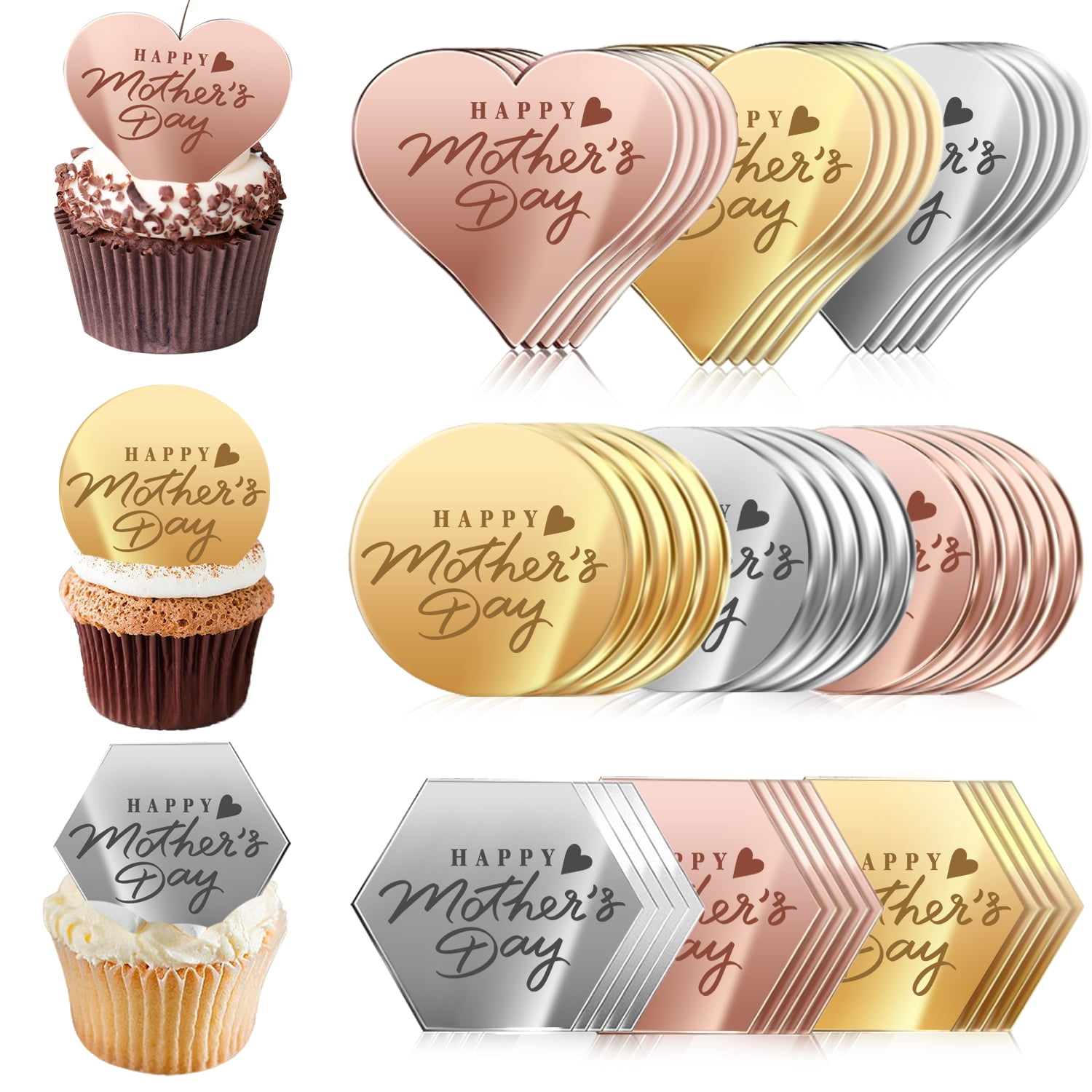 45PCS Happy Mothers Day Cake Toppers, Mirror Acrylic Cupcake Toppers 3 ...