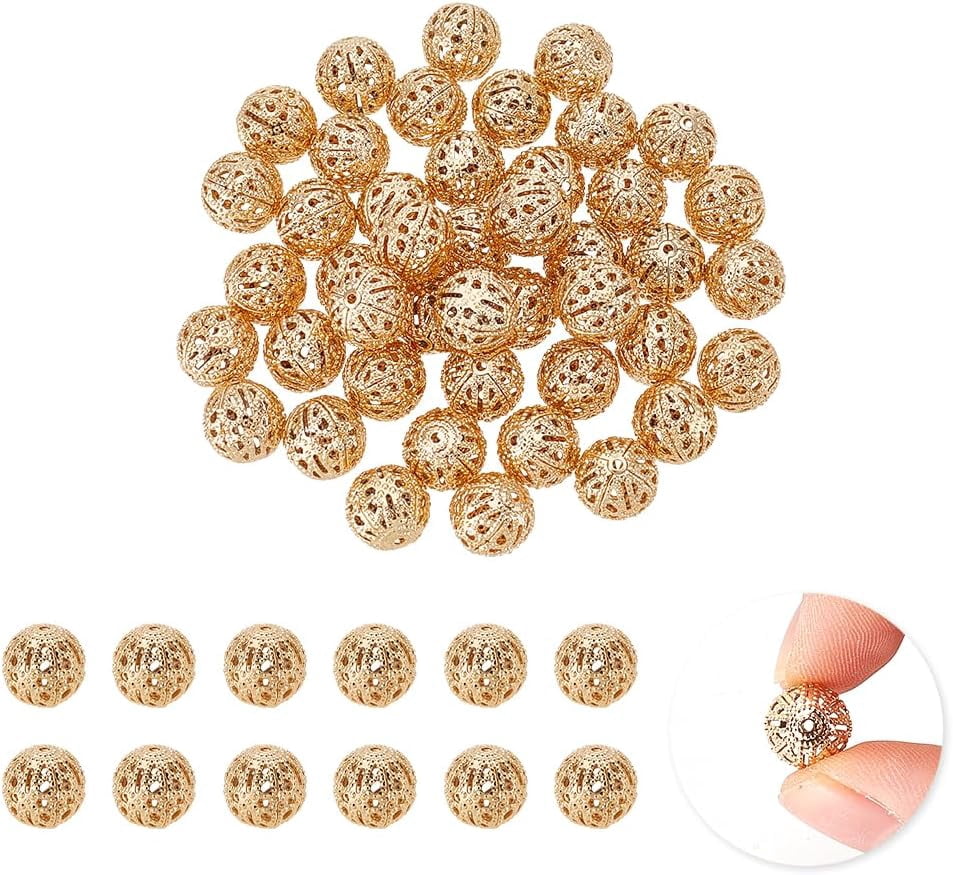 45Pcs 18K Gold Plated Beads Metal Ball Beads Round Beads Gold Hollow Filigree Beads Loose Beads ...