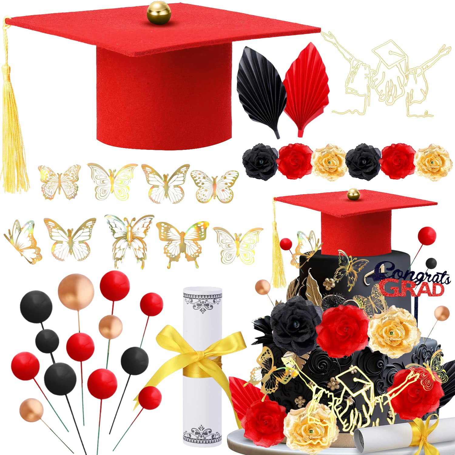 45Pcs Graduation Cake Toppers Decorations Kit RST1 Included Felt Cap ...