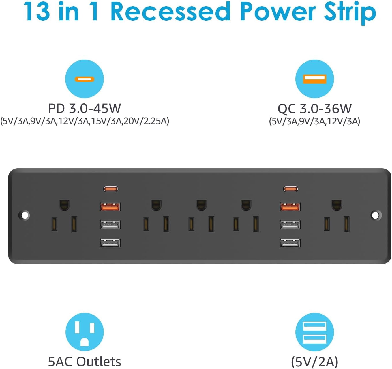 45W Fast Charging Recessed Power Strip Flat Plug, 13 in 1 Furniture ...