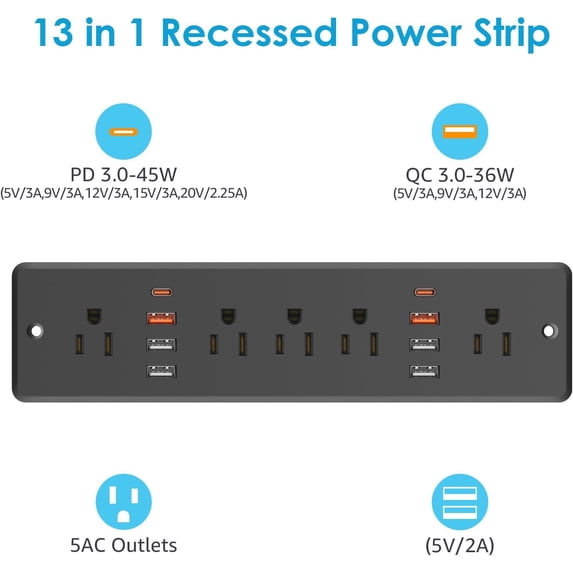 45W Fast Charging Recessed Power Strip Flat Plug, 13 in 1 Furniture ...