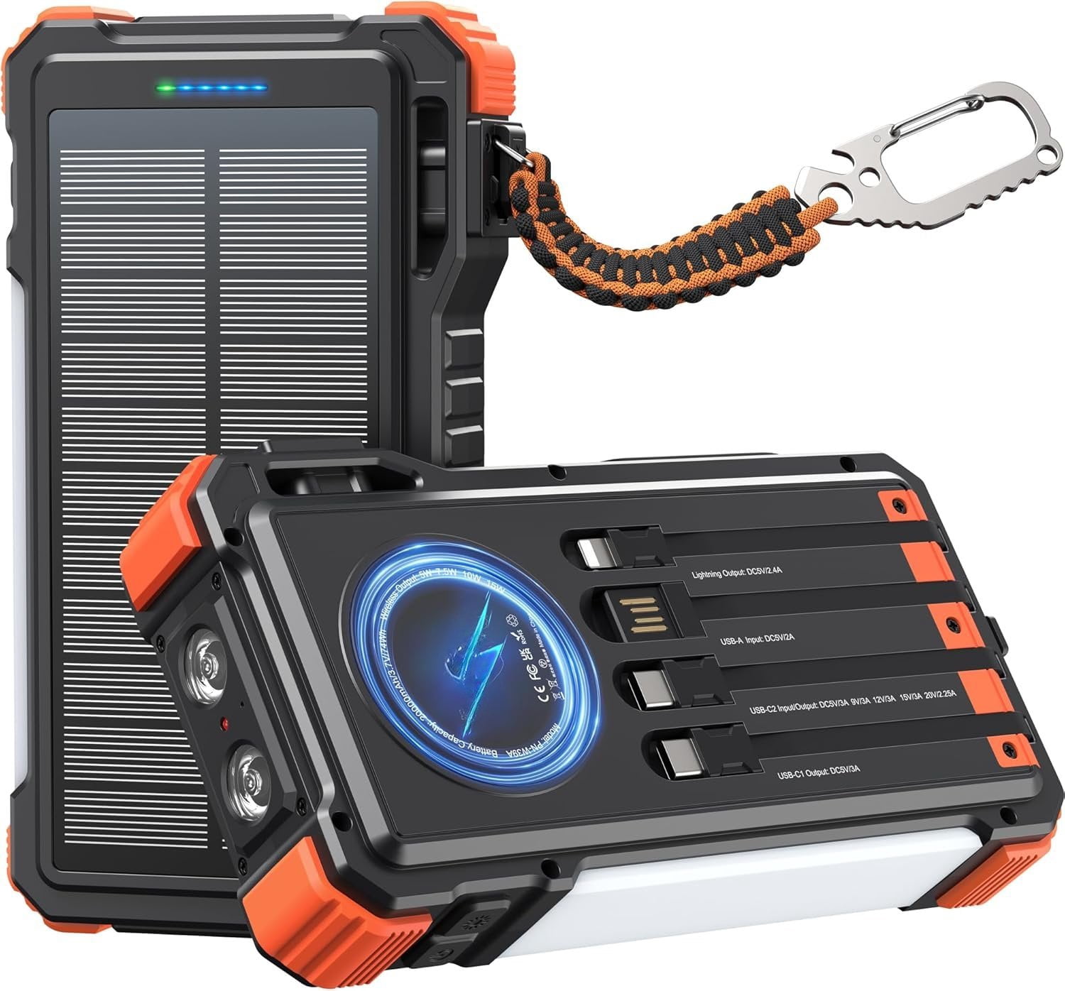 45W Solar Charger Power 20000mAh Portable Charger Built-in Cables, PD ...