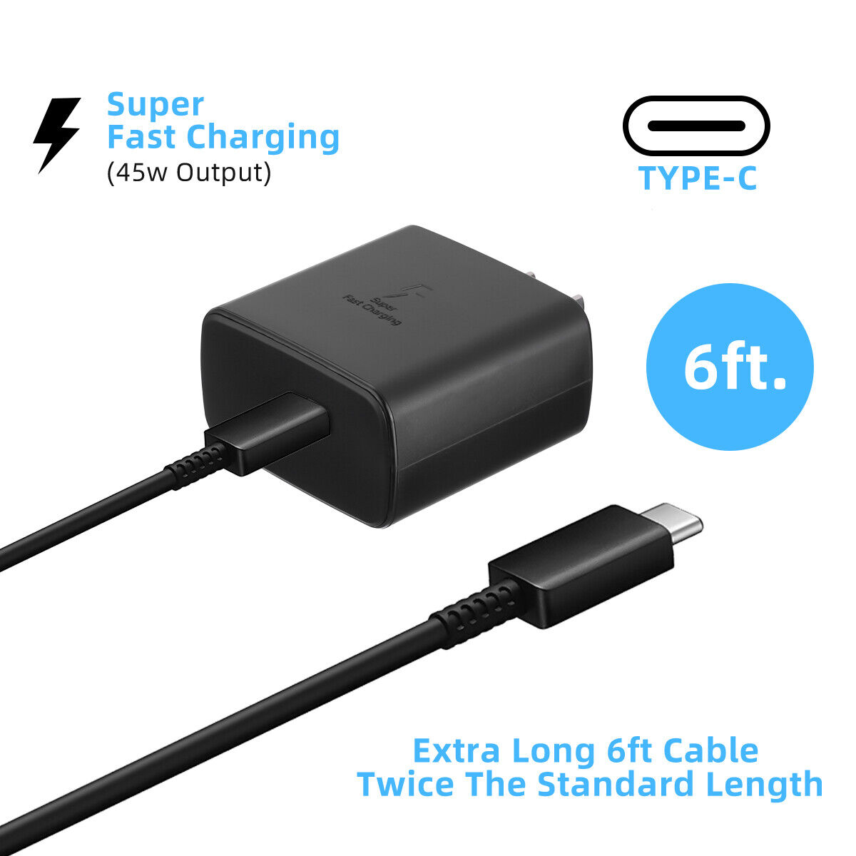 45W Type C USB C Wall Charger Super Fast Charging Adapter w/ 6FT USB-C ...