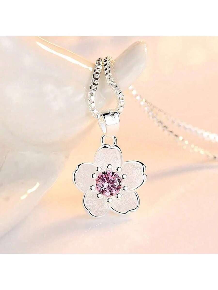 45cm 18 Inches Silvertone Flower Pendant Necklace With Pink Cubic ...