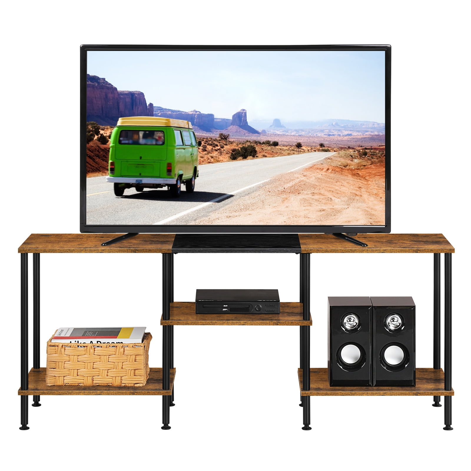 45in Rustic Wood & Black 3-Tier TV Stand – Multi-Level Media Storage ...