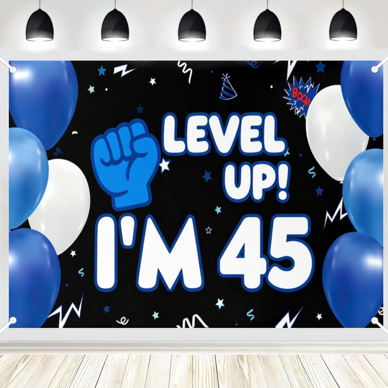 45th Birthday Polyester Backdrop, Black Blue Gaming Style Party Photo ...