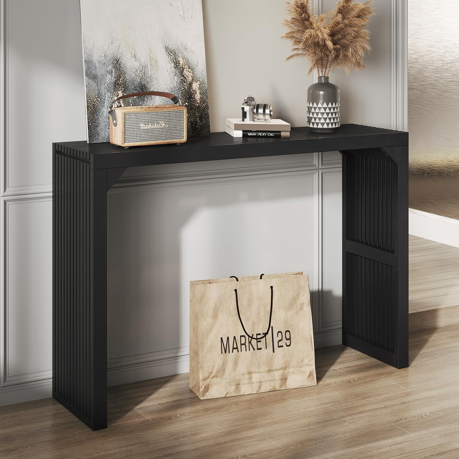 46.22 in. Black Rectangle Solid Wood Farmhouse Console Table or Living ...