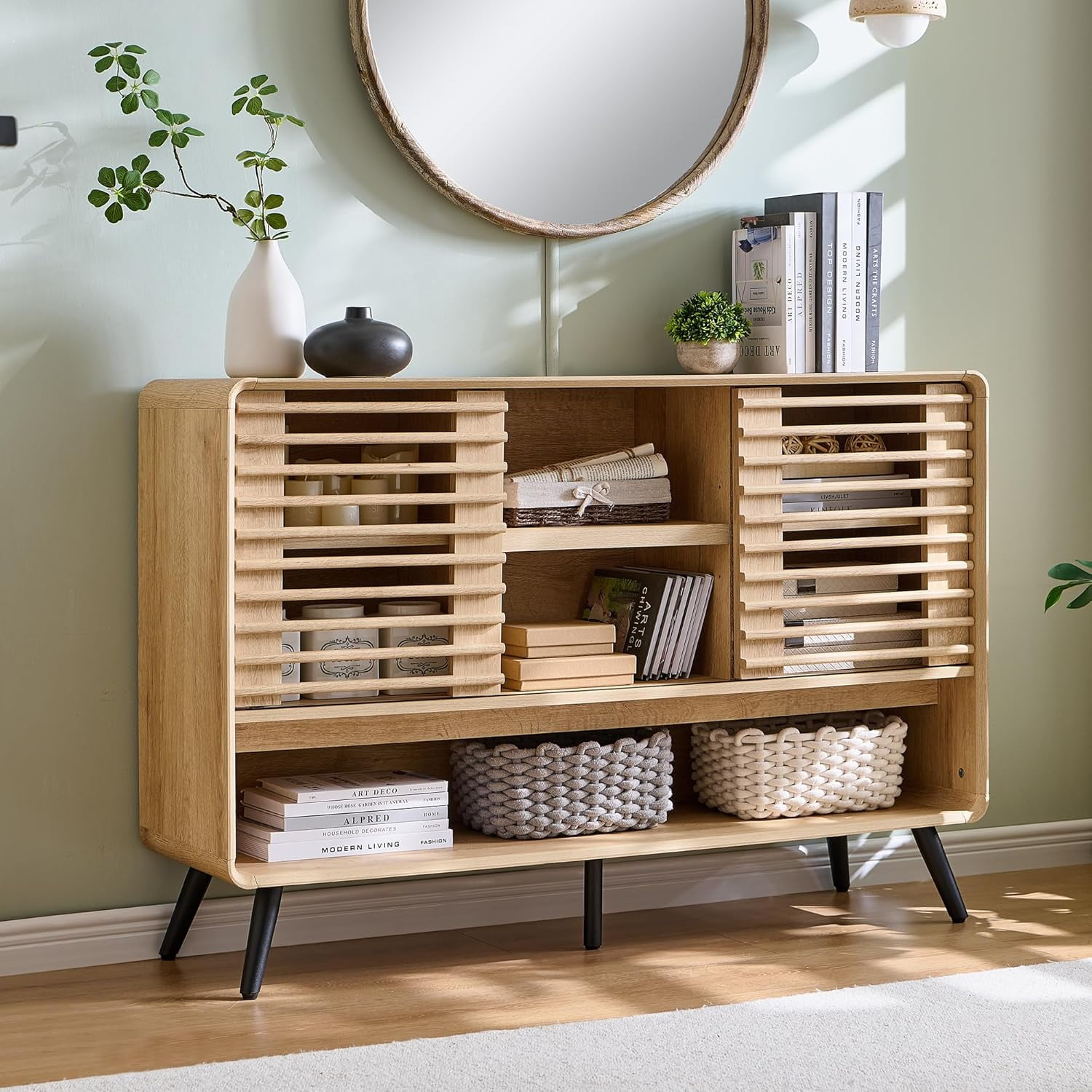 46" Entryway Table with Slatted Sliding Door Mid Century Modern Console ...