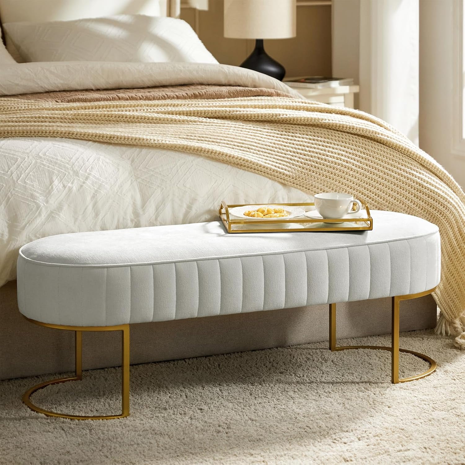 46" Velvet Bench Upholstered Entryway Bench End of Bed with Gold Legs ...