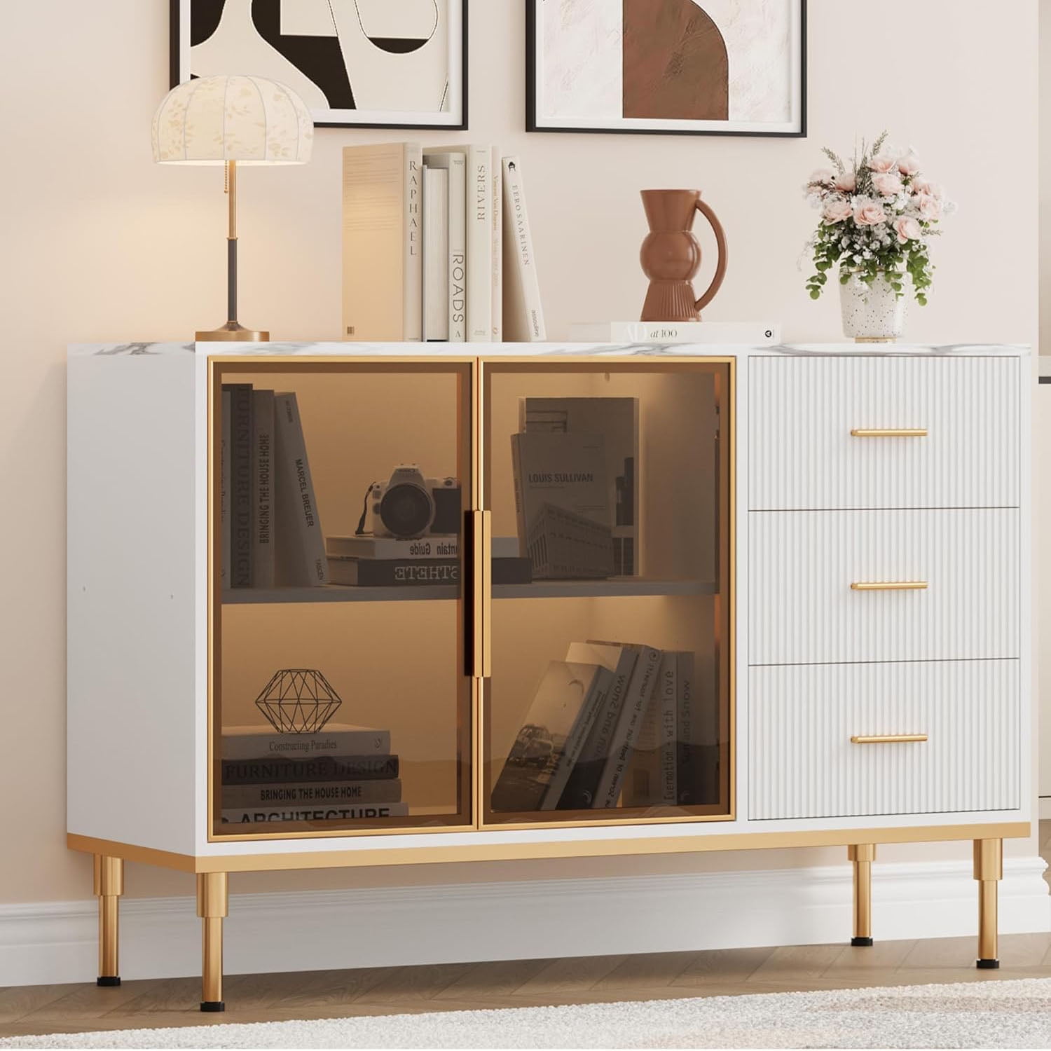 46.4" Fluted Buffet Sideboard Cabinet Buffet Sideboard Cabinet with ...