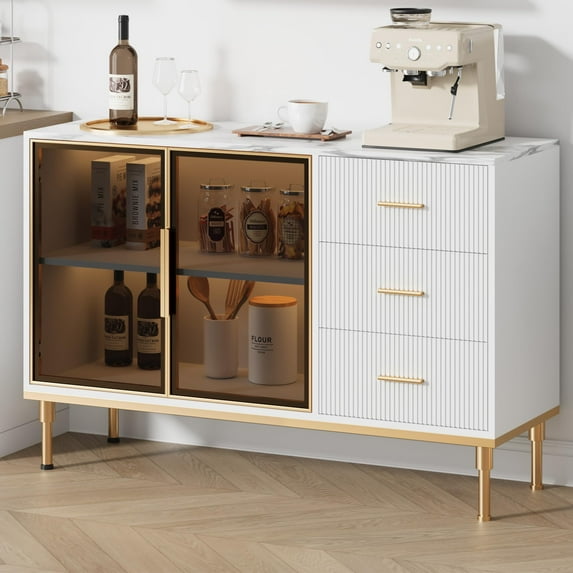 46.4" Fluted Buffet Sideboard Cabinet with Faux Marble Top, 2 Glass ...