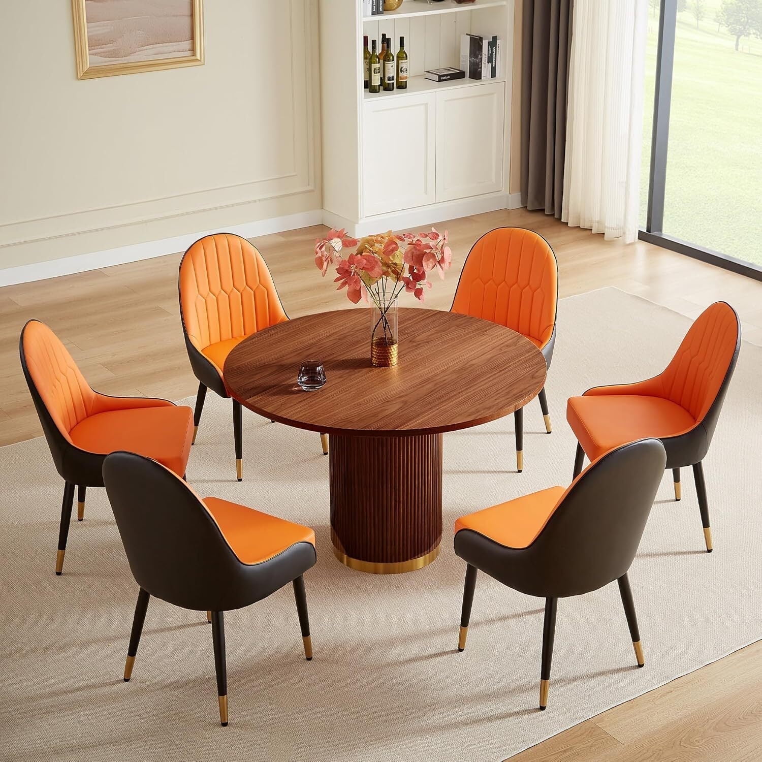 46.46" Round Dining Table Set for 6, Modern Farmhouse Style Gold ...