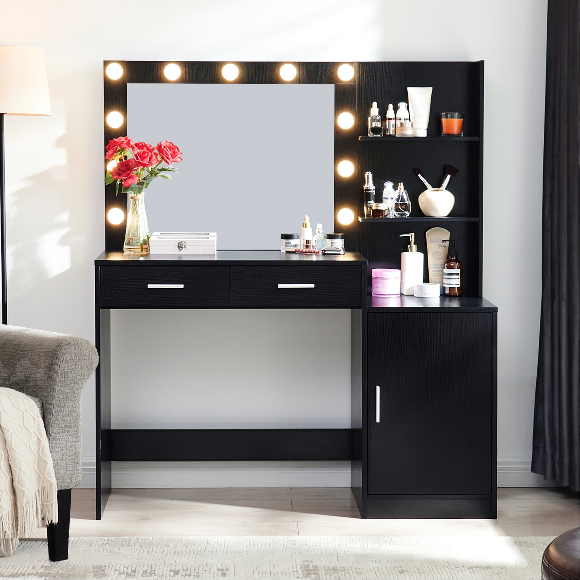 46.4IN Vanity Desk with Vertical Organizer and 3 Lighting Modes, Black ...
